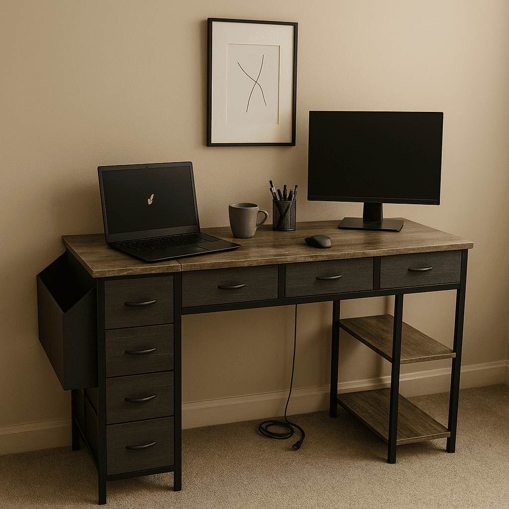Homy Casa Home Office Desk with Drawers and Shelves, Reversible ...