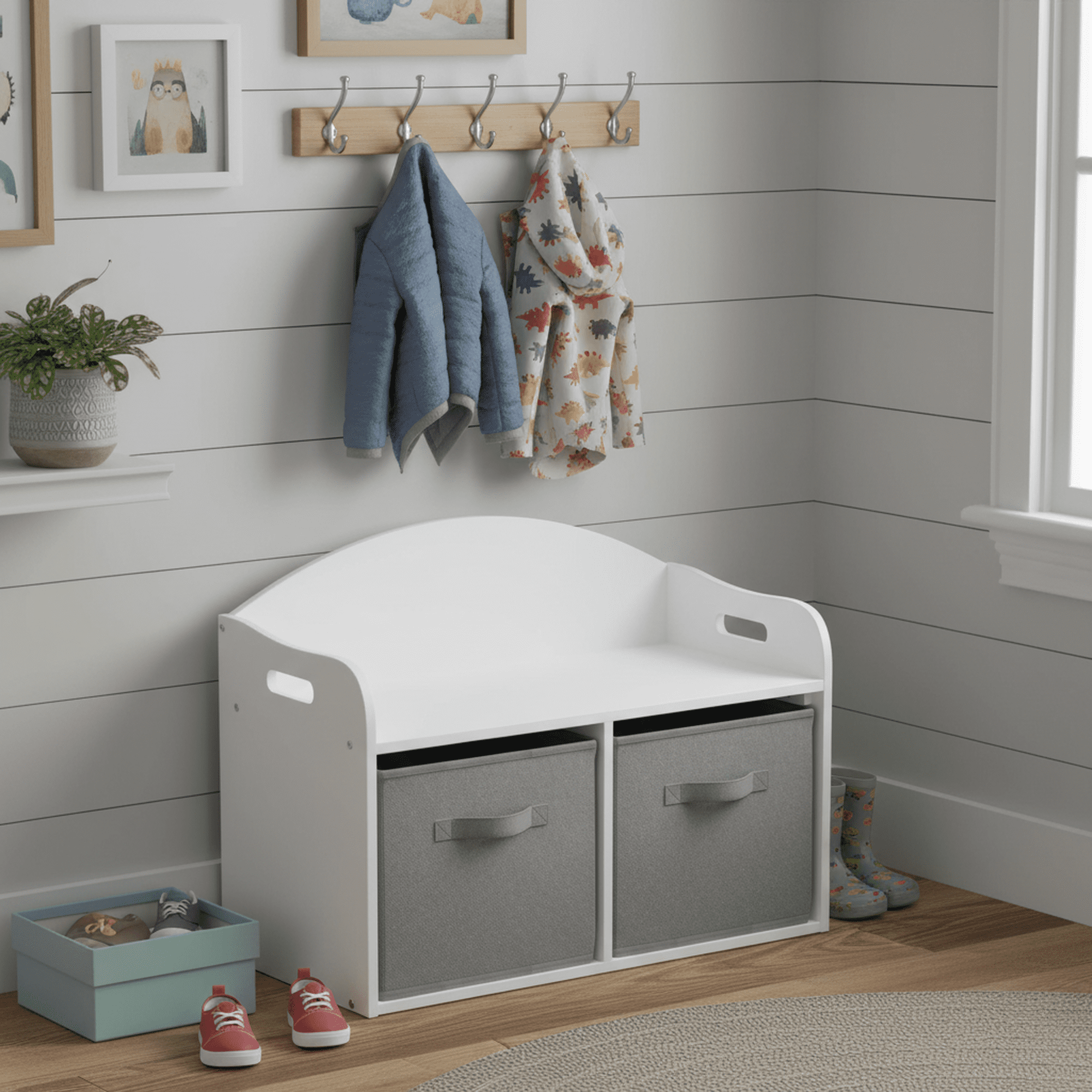 Homy Casa Kids Storage Bench with 2 Fabric Bins, Toy Organizer for ...