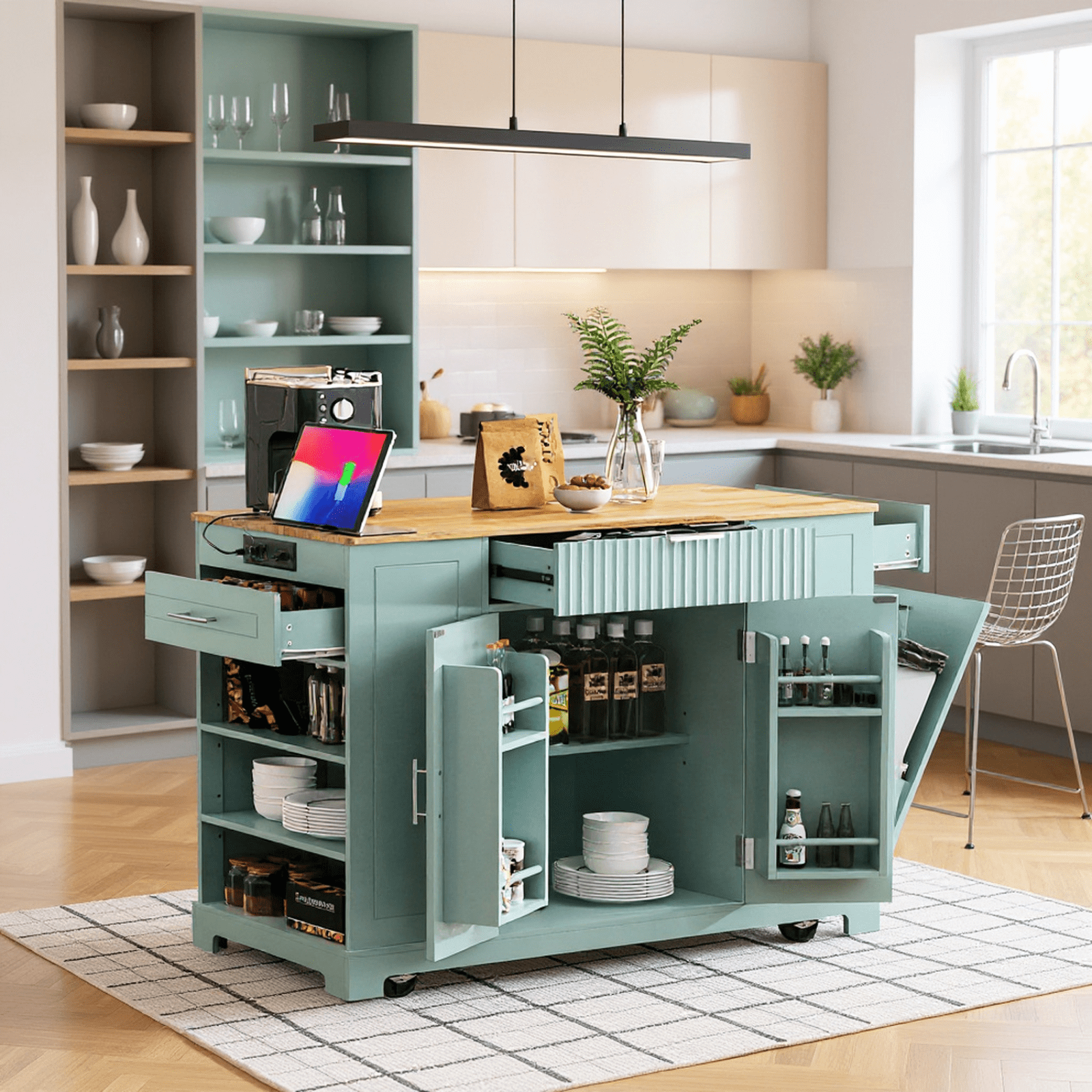 Homy Casa Kitchen Island with Storage Cabinet, Power Outlet and 3 ...