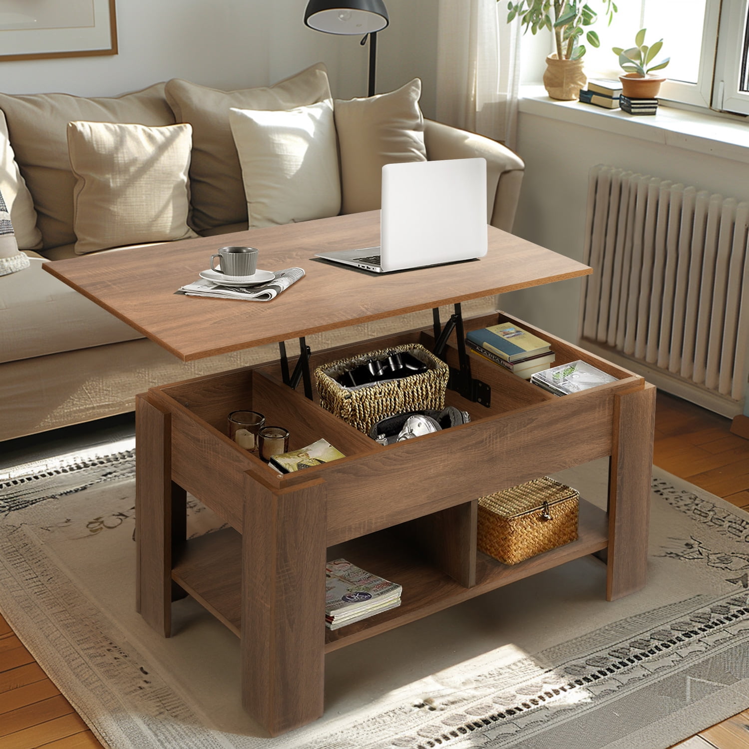 Homy Casa Lift Top Coffee Table - Hidden Storage Shelf - Wood Finish ...
