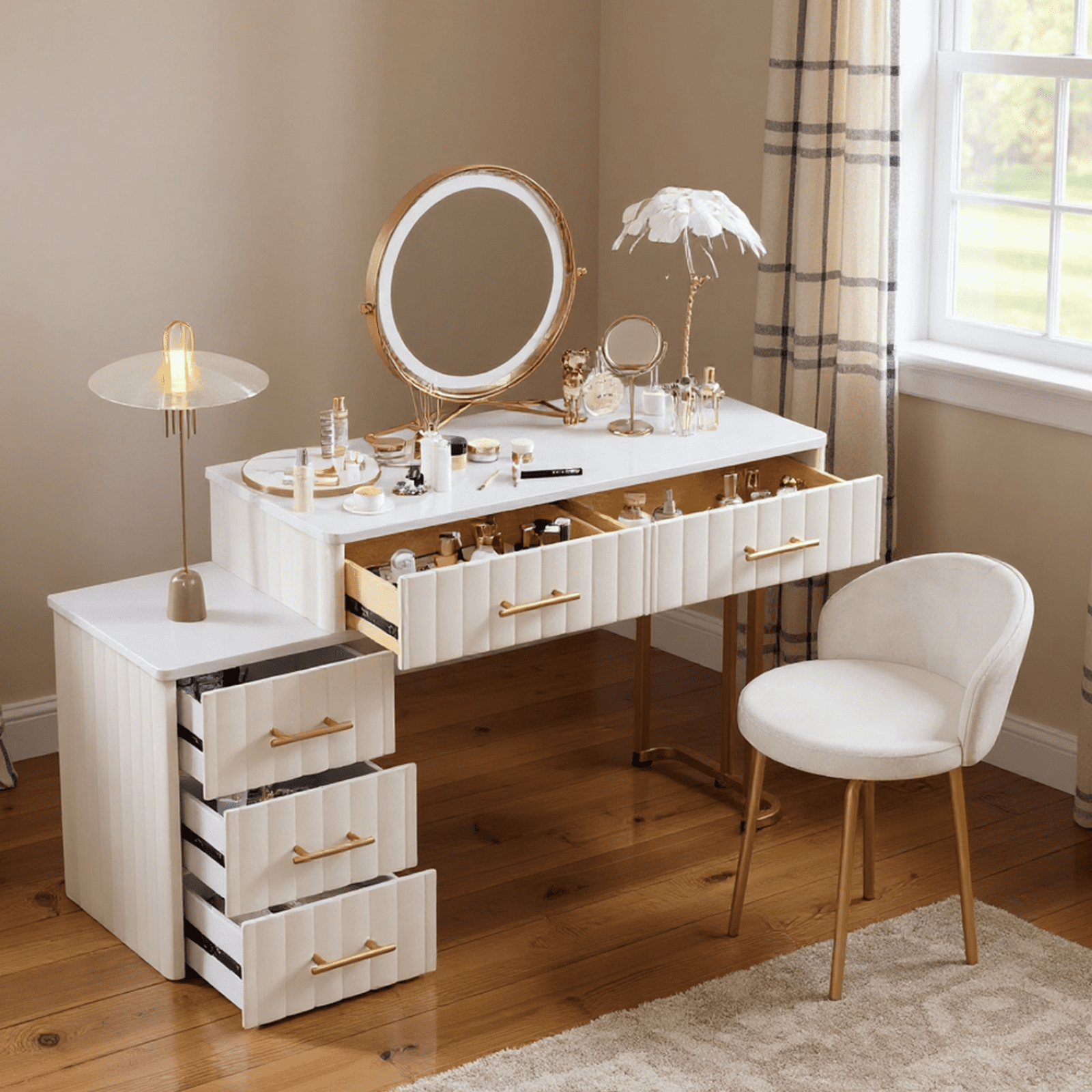 Homy Casa Modern Vanity Desk with Drawers and Upholstered Chair, White ...