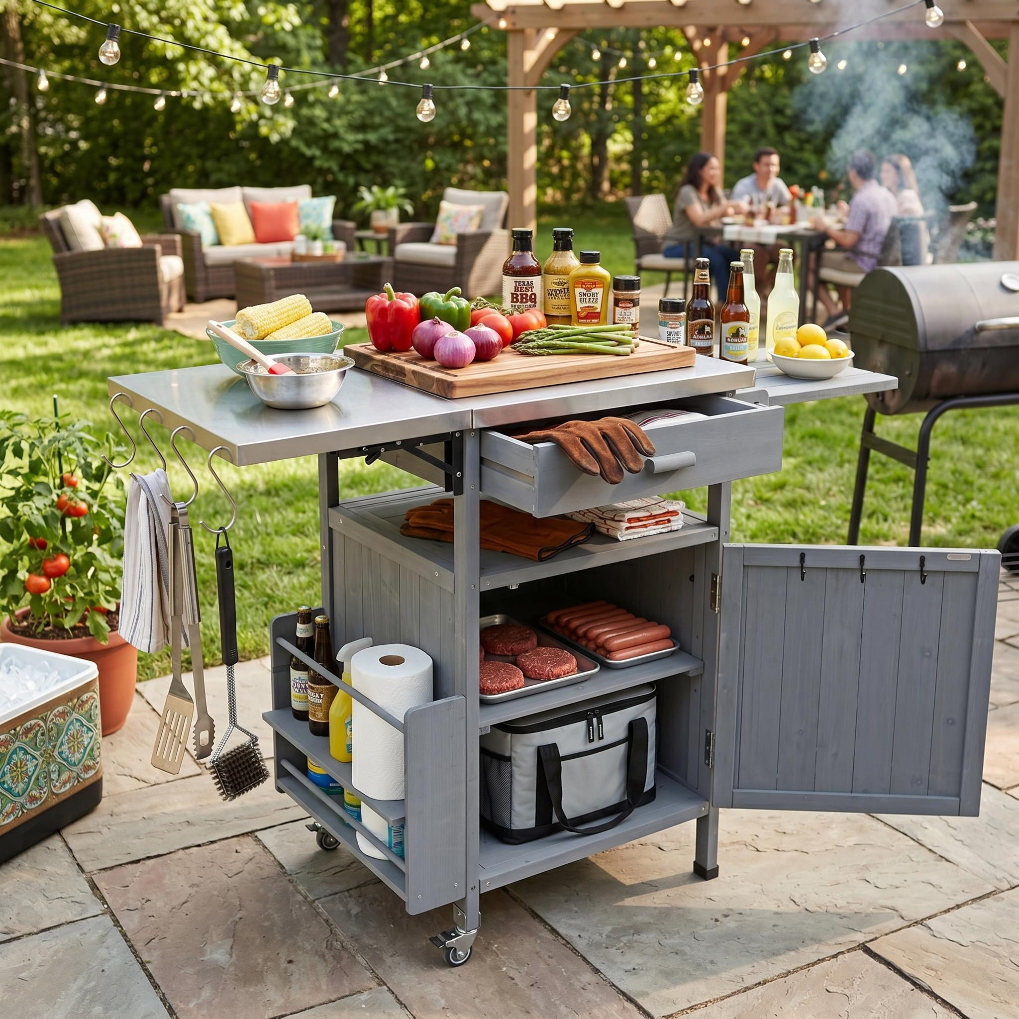 Homy Casa Outdoor Grill Cart with Drop Leaf, Rolling BBQ Prep Table and ...