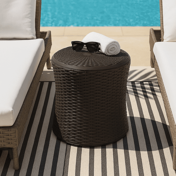 Homy Casa Outdoor Storage Side Table, Faux Wicker Patio Table for ...