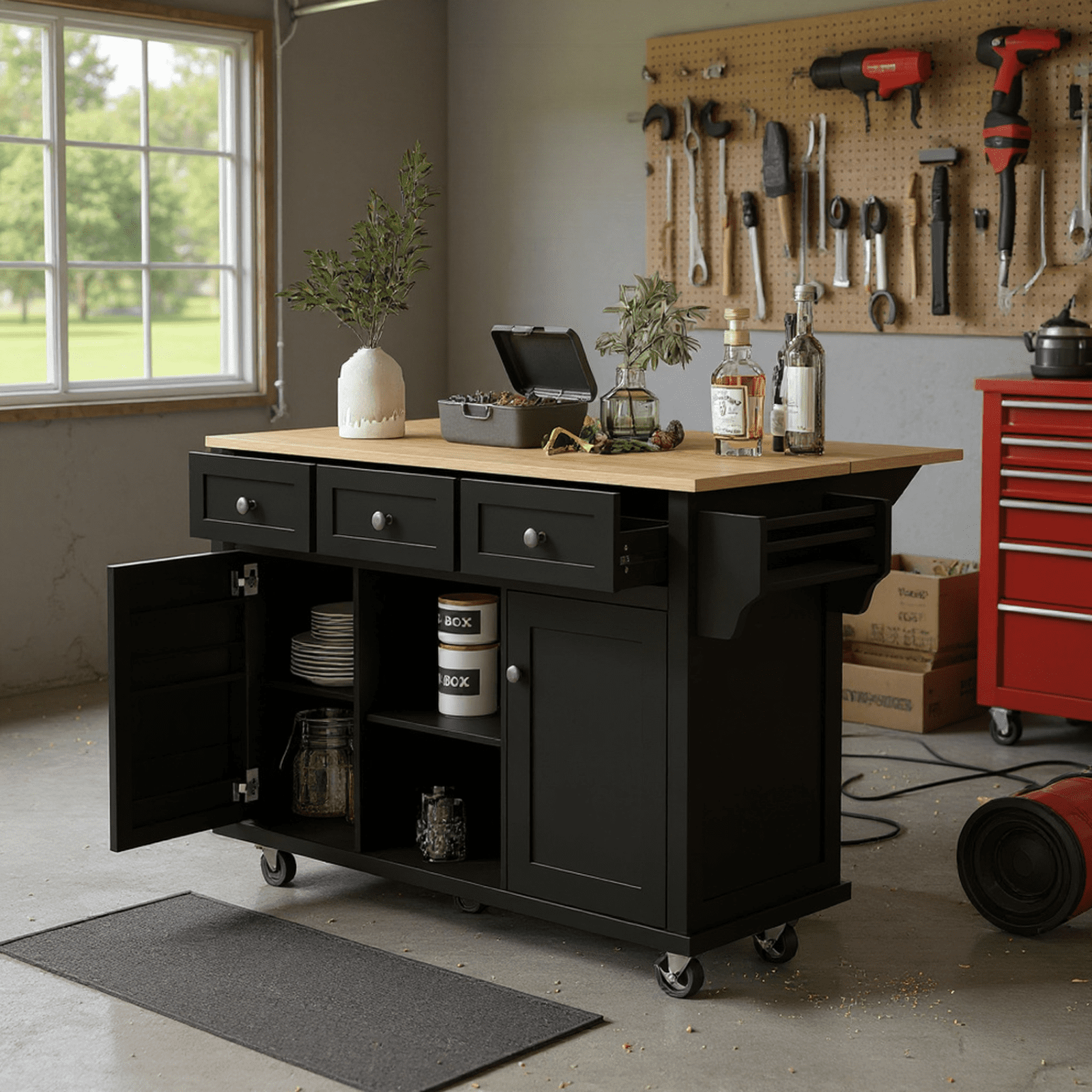 Homy Casa Rolling Garage Storage Cabinet with Drop-Leaf Worktop ...