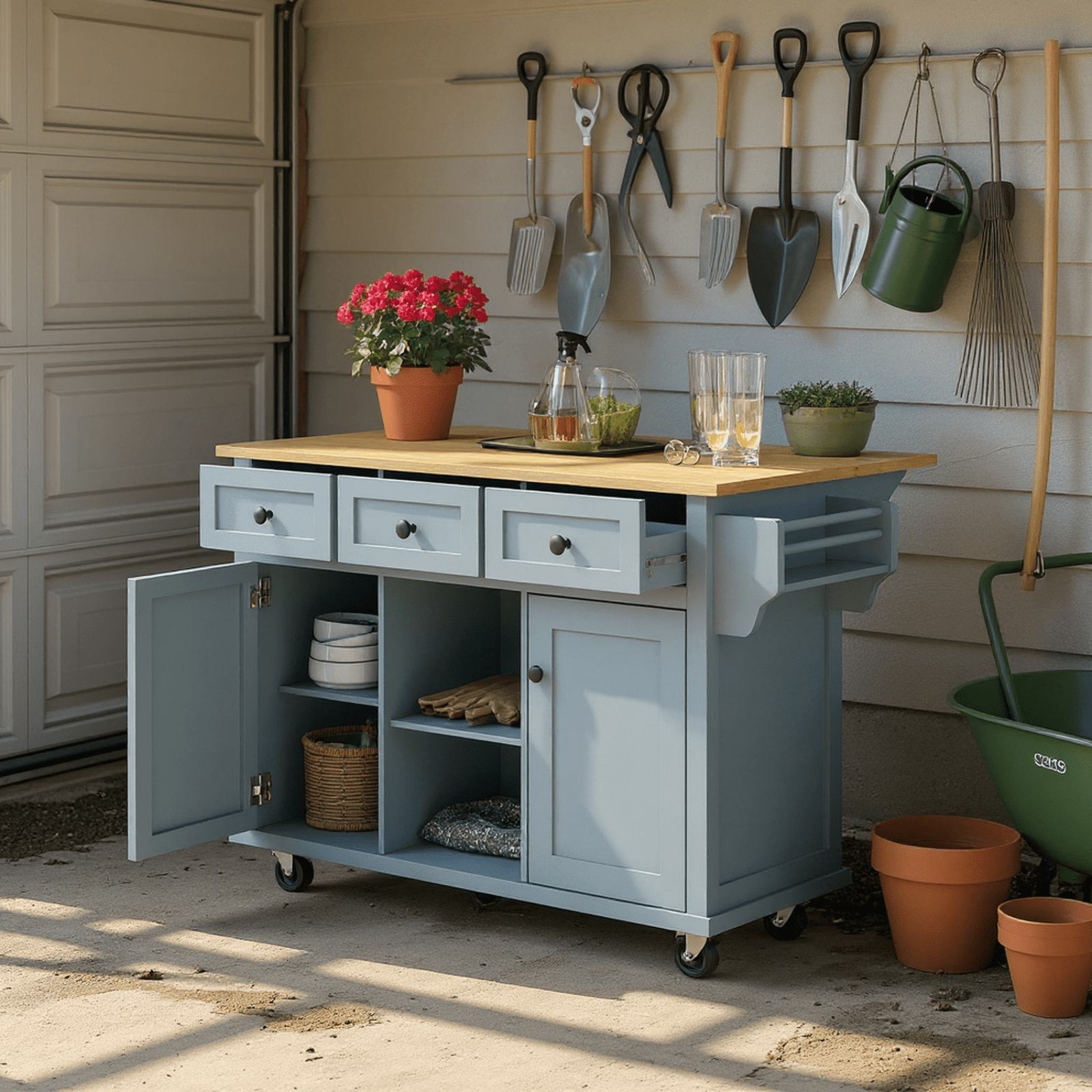 Homy Casa Rolling Garage Storage Cabinet with Drop-Leaf Worktop ...