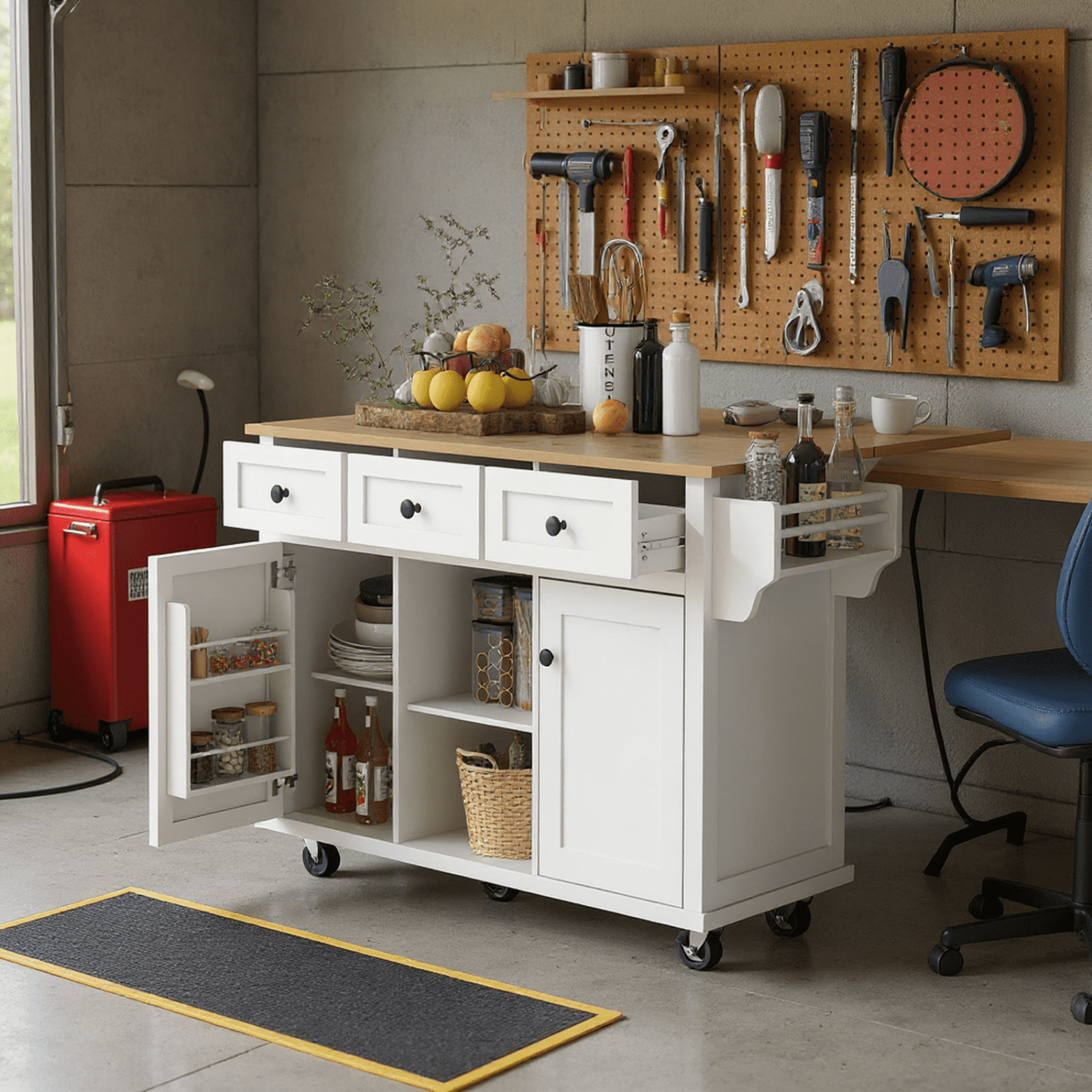 Homy Casa Rolling Garage Storage Cabinet with Drop-Leaf Worktop ...