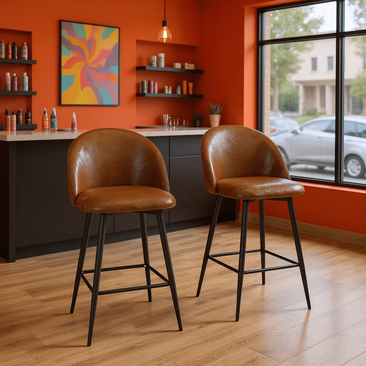 Homy Casa Set of 2 Bar Stools with Upholstered Seat and Metal Legs, 26 ...