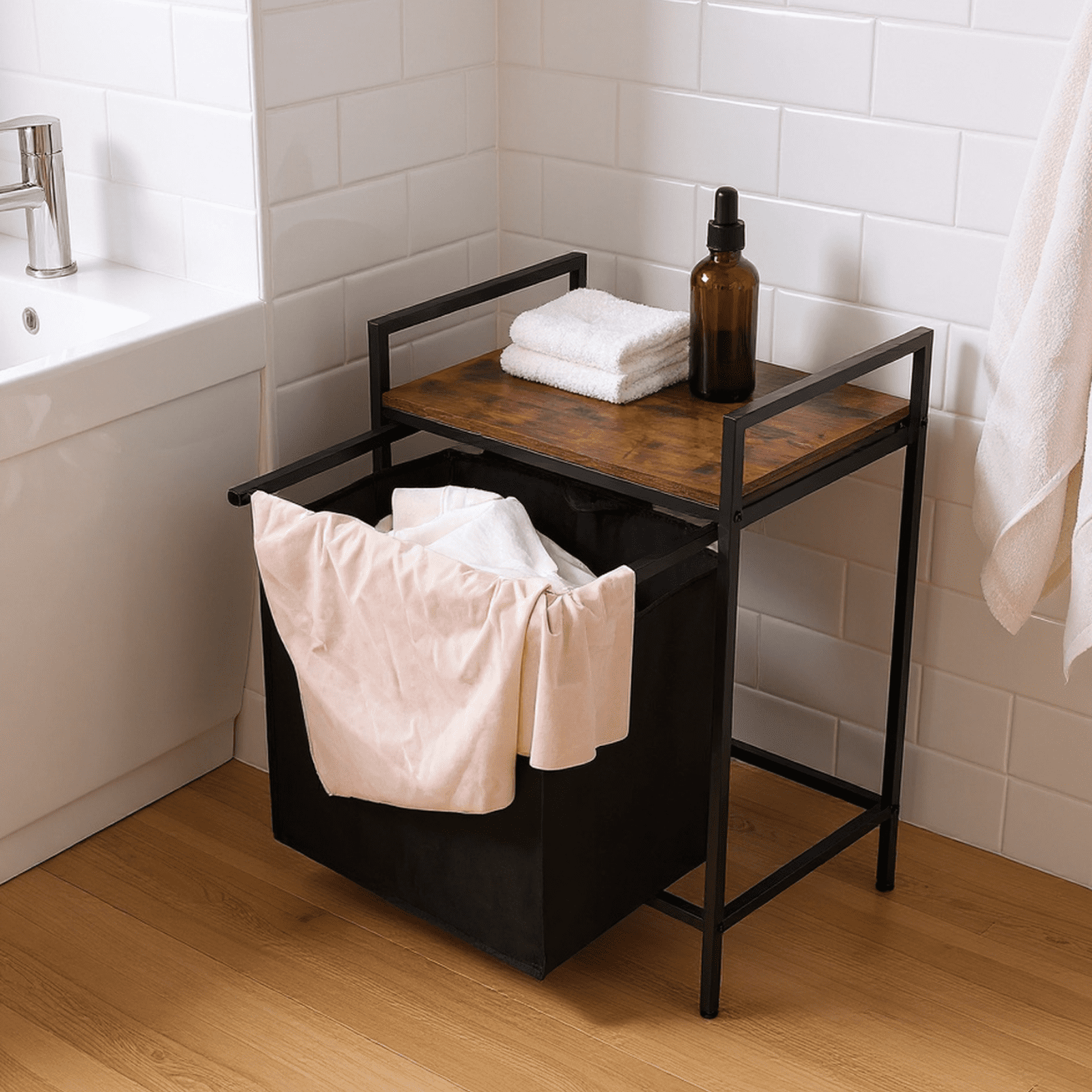 Homy Casa Storage Cabinet with Fabric Hamper and Wood Top for Bathroom ...