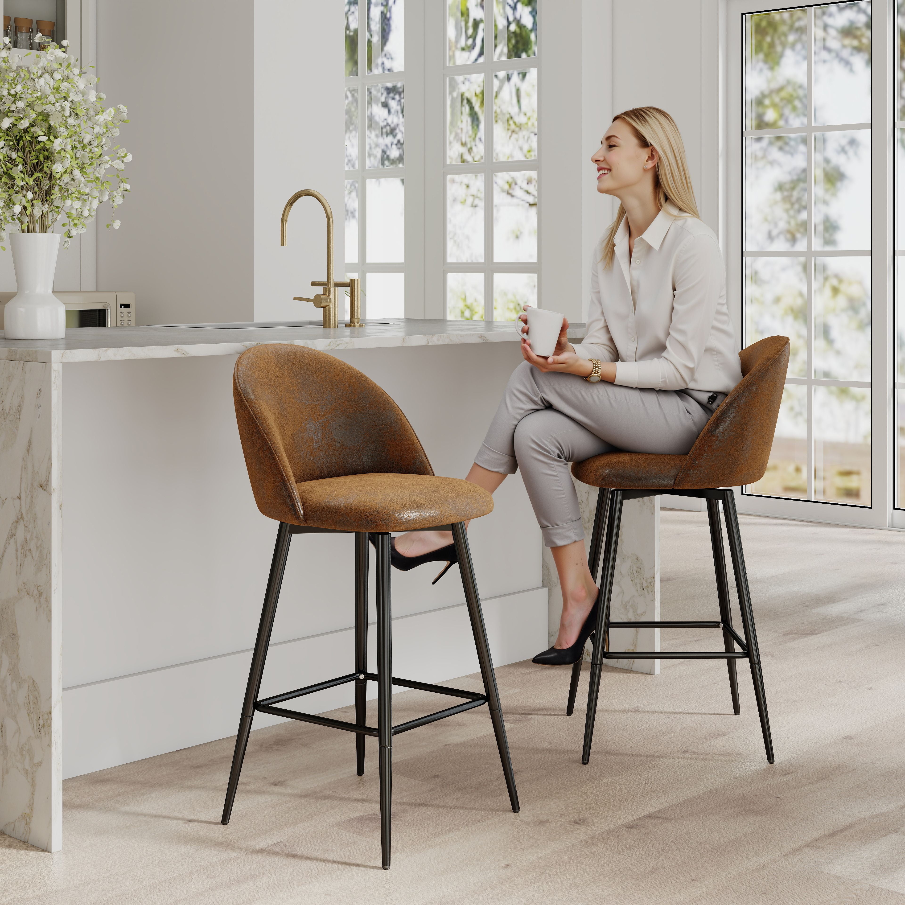 Homy Casa 26" Swivel Counter Height Bar Stools, Set of 2, Brown Faux ...
