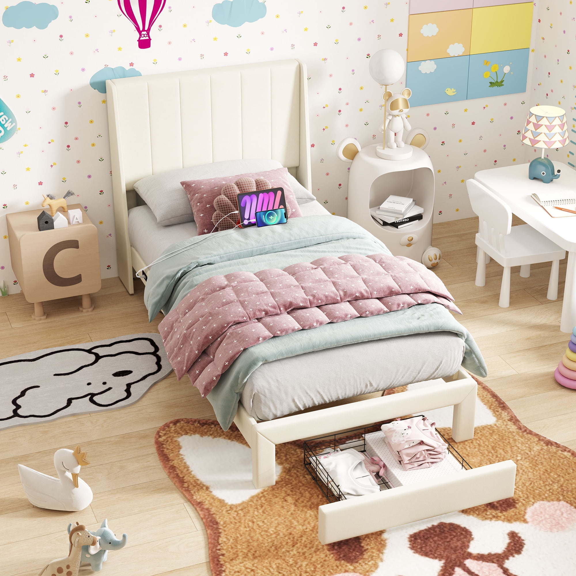 Homy Casa Twin Storage Platform Bed with USB Charging Station ...