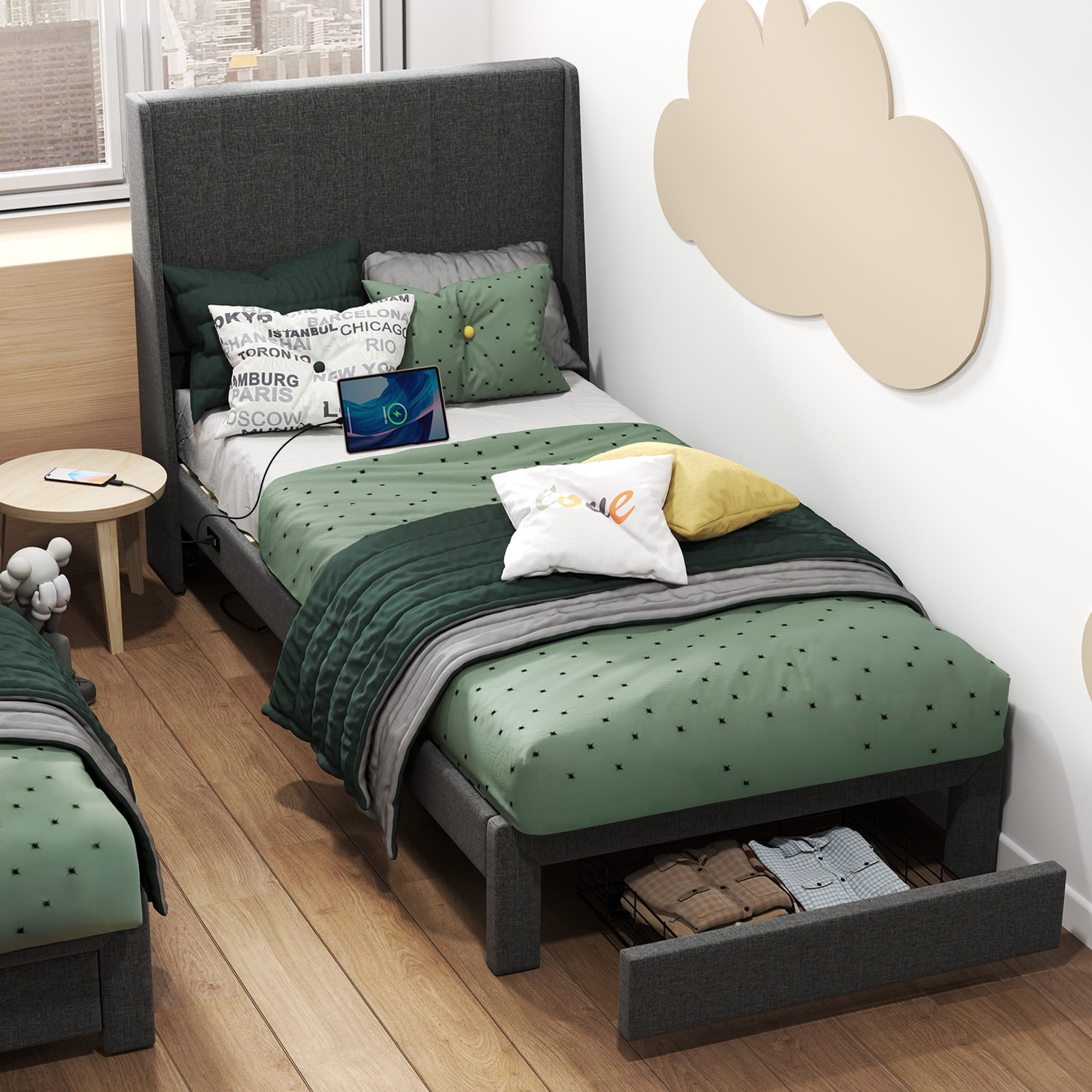 Homy Casa Twin Size Platform Bed Frame with Storage Drawer USB Ports ...