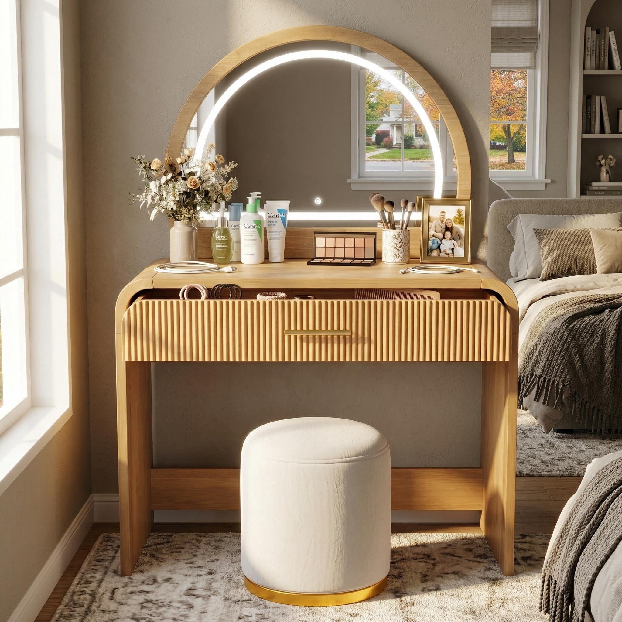 Homy Casa Vanity Table with Lighted Mirror, Large Drawer & Wood Makeup ...