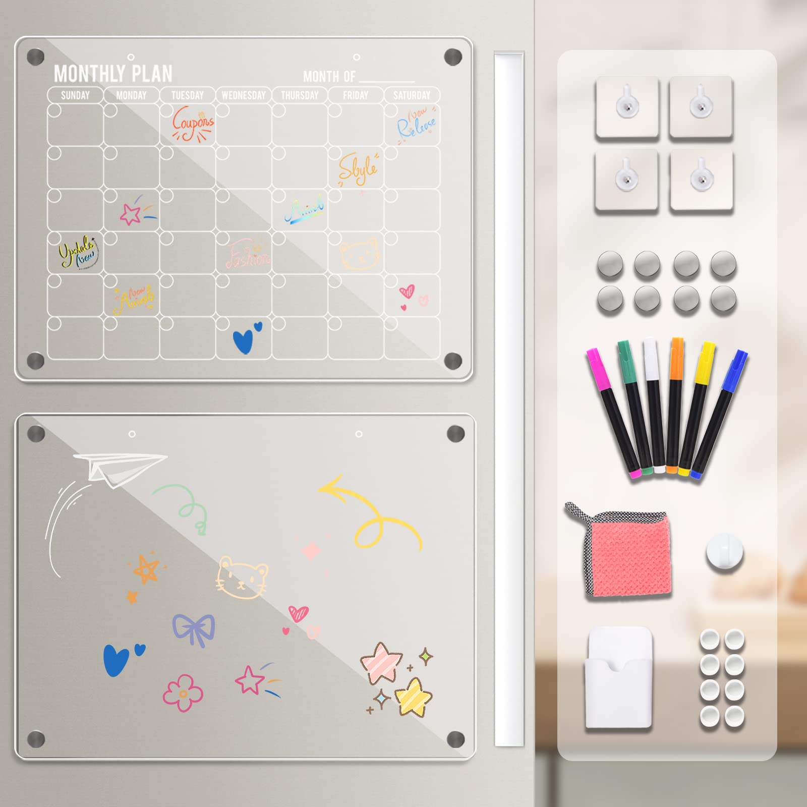 Homyaco Magnetic Acrylic Calendar Fridge,2 Pack 16"x12" Clear Fridge ...