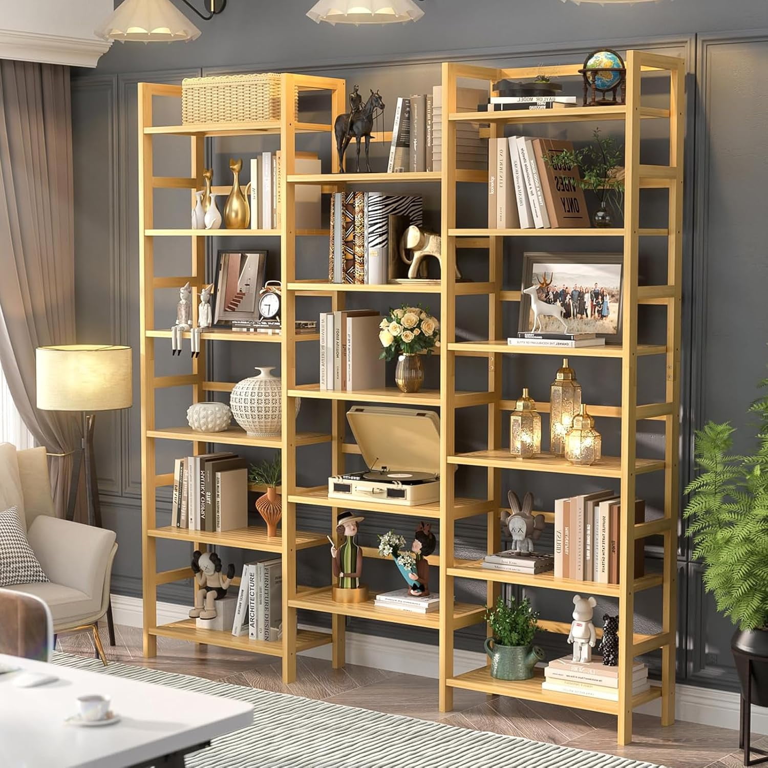 Homykic Bamboo Triple Wide Bookshelves and Bookcases, 6-Tier Shallow ...