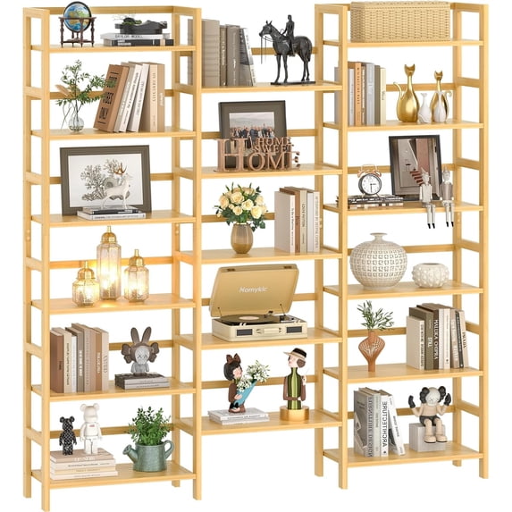 Homykic Bamboo Triple Wide Shallow Bookshelves and Bookcases, 6-Tier ...