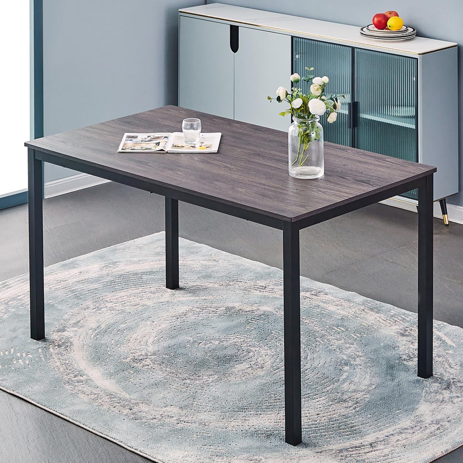 Homylin 55" Rectangular Modern Dining Table, Wood Top with Black Metal ...