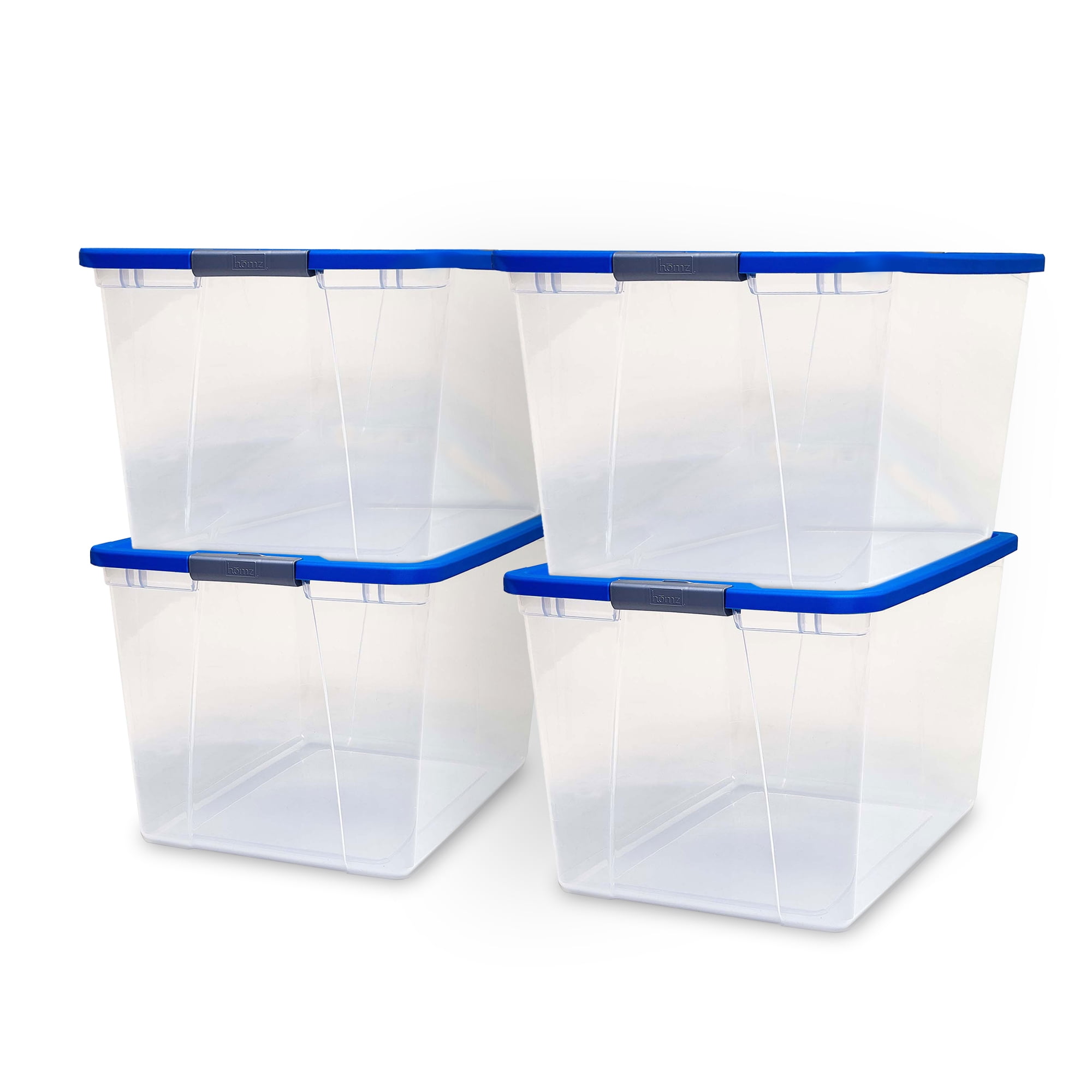HOMZ 64-Quart Clear Stackable Plastic Storage Containers, Blue/Gray, 4 ...