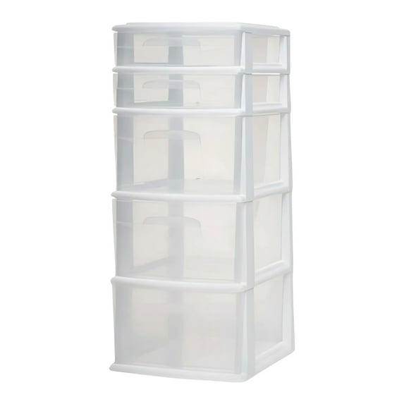 Homz Plastic 5 Drawer Medium Home Storage Cart, White Frame with Clear ...