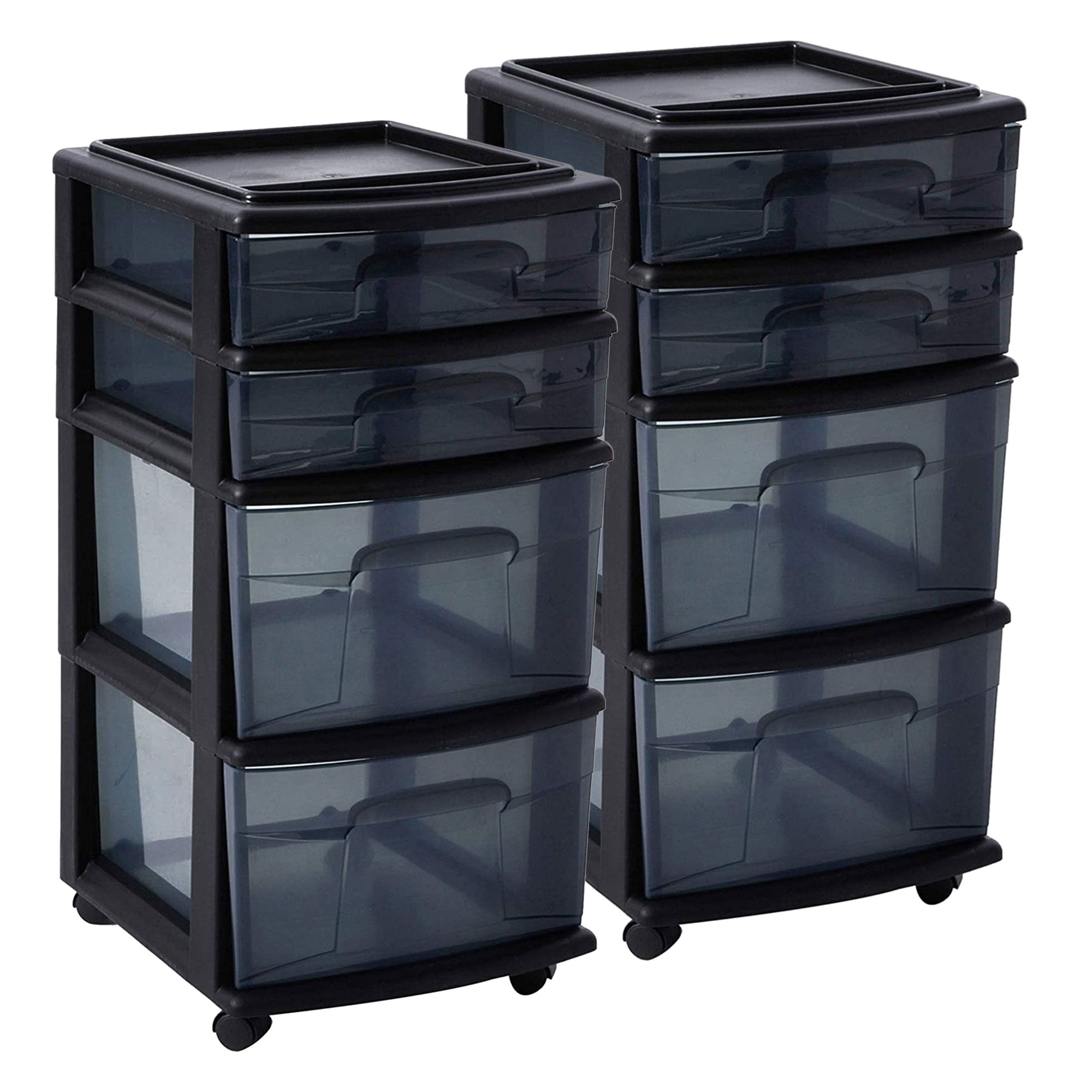 Homz Tall Solid Plastic 4 Drawer Medium Storage Cart Black 2 Pack