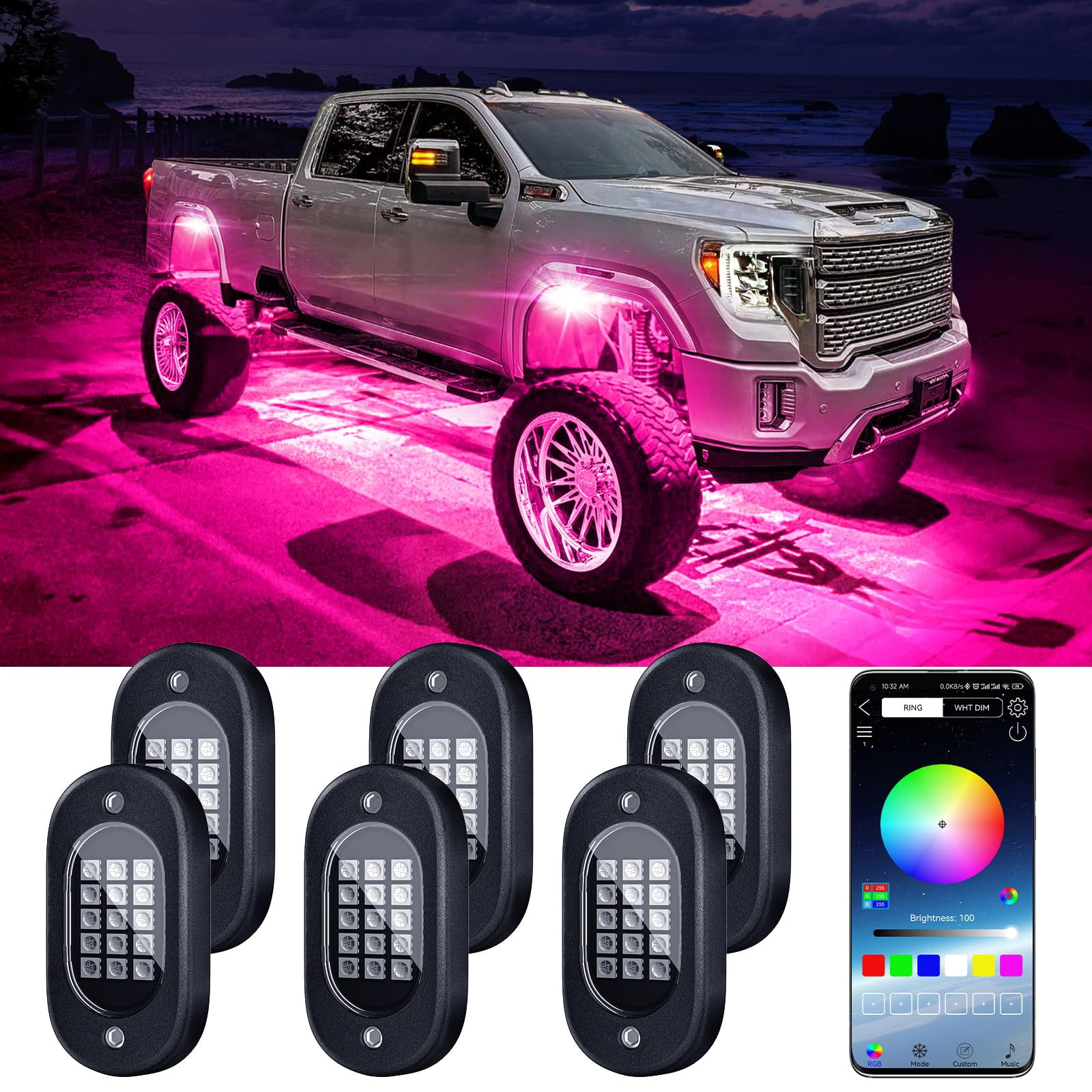 Honalia LED Rock Lights MMF7 for Trucks - 6 Pods RGB With Bluetooth ...