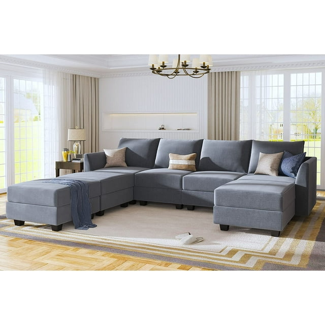 Honbay 7-Seat Wooden Sectional Sofa in Blue Grey - Walmart.com