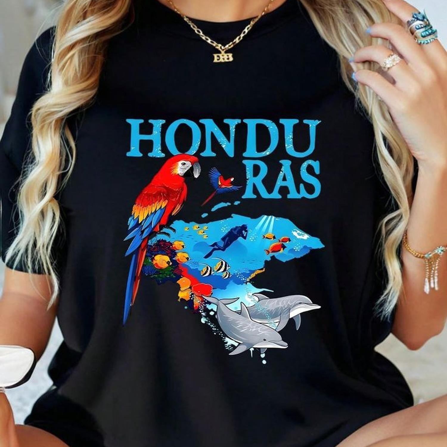 Honduras Bird Fish Graphic Printed Plus Size T-Shirt Casual Round Neck ...