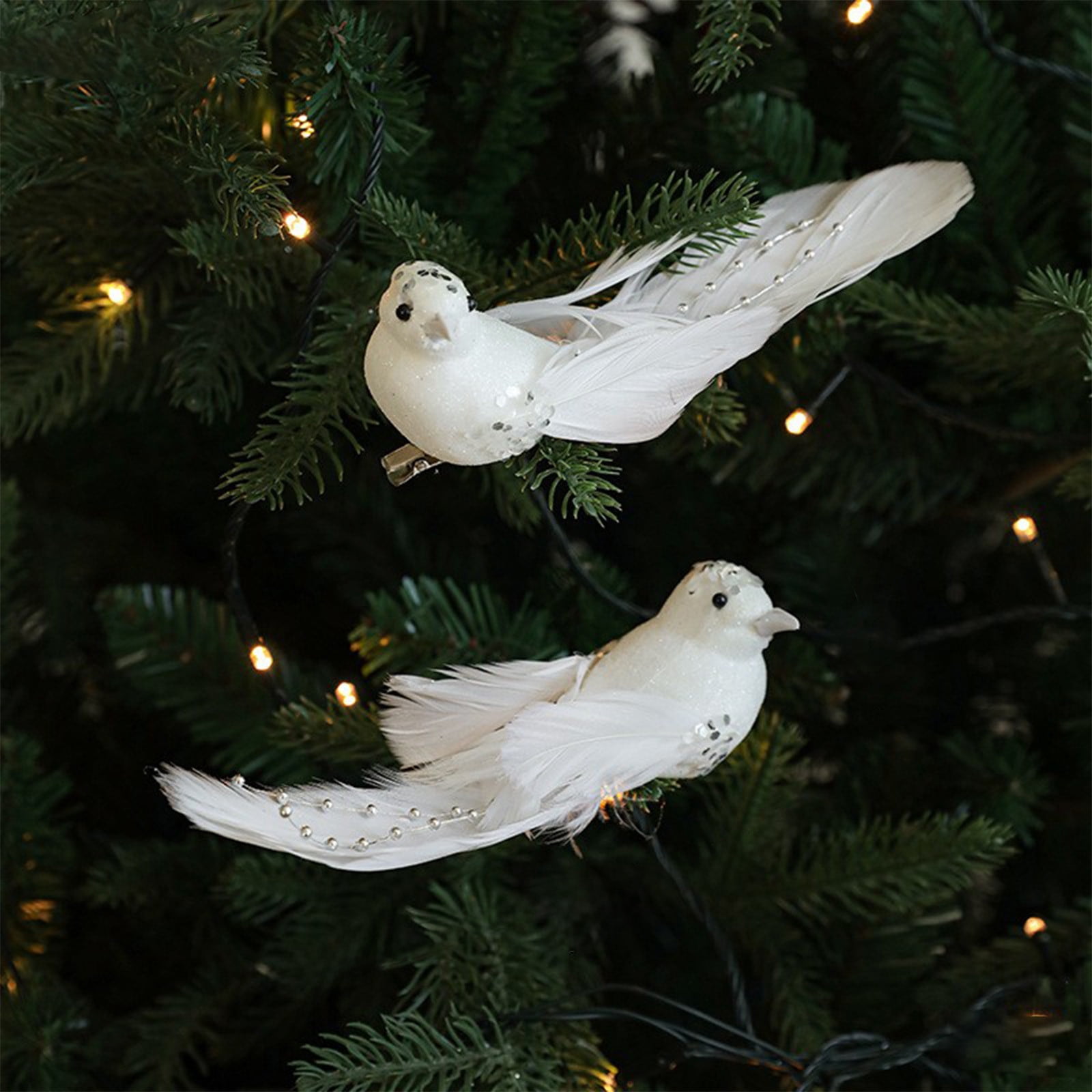 Honeeladyy 2Pcs White Glitter Artificial Birds with Feathers for ...