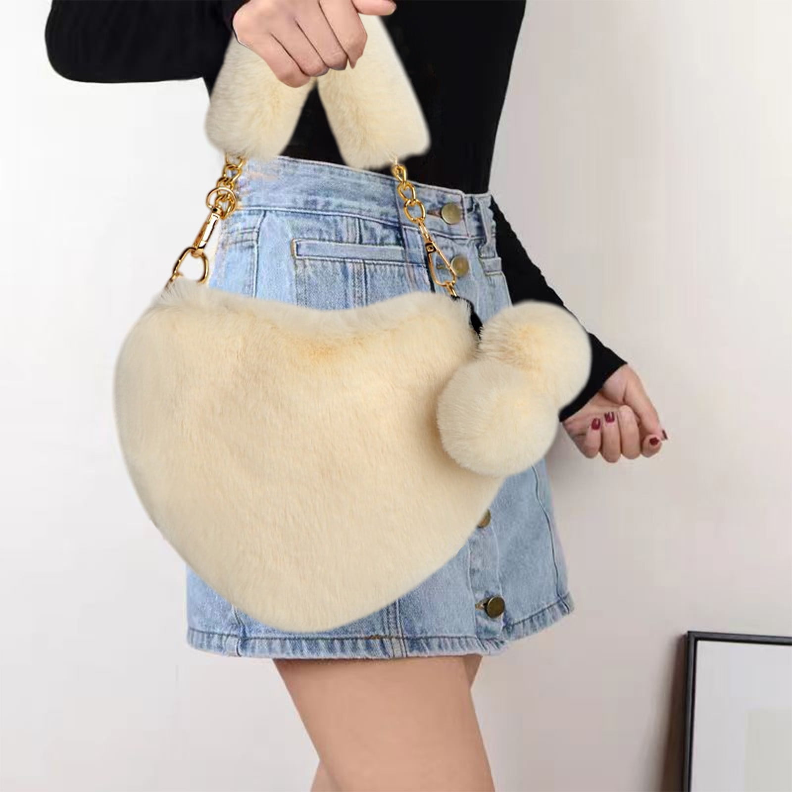 Honeeladyy Heart Shaped Faux Fur Bag for Women White Fluffy Chain ...