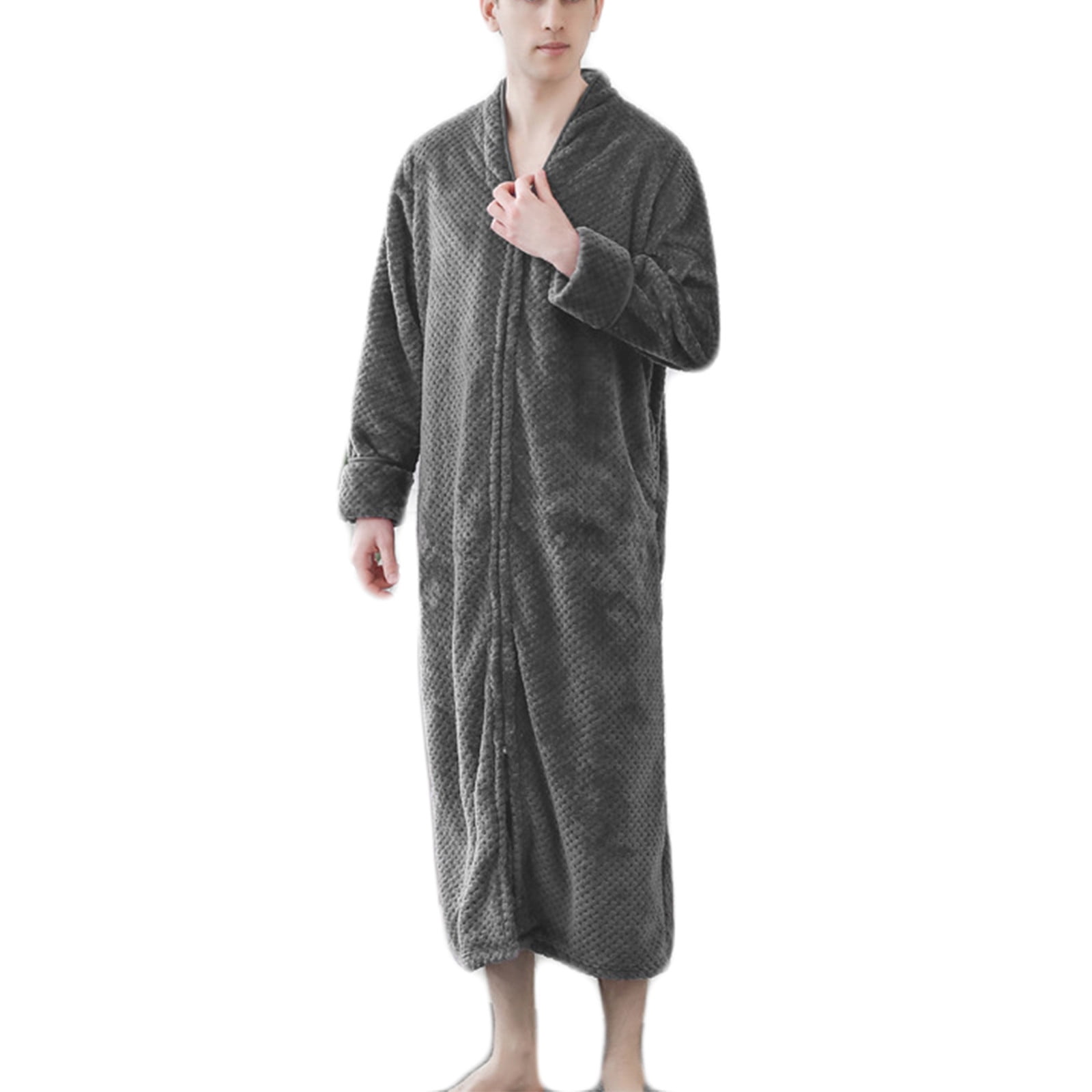 Honeeladyy Mens Flannel Zip Bathrobes, Soft Warm Long Fleece Plush Robe ...