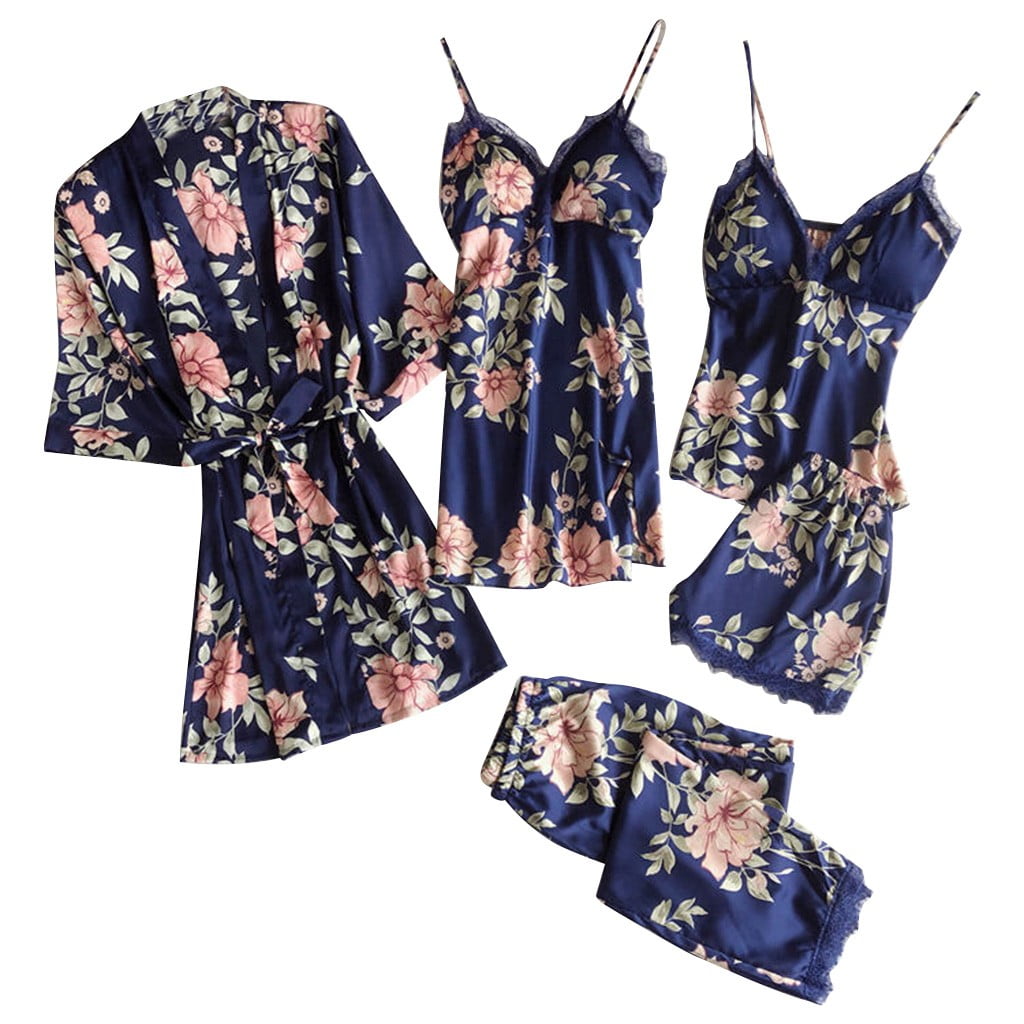 Honeeladyy Womens Satin Pajama Sets, Floral Print, Lace Sleepwear ...