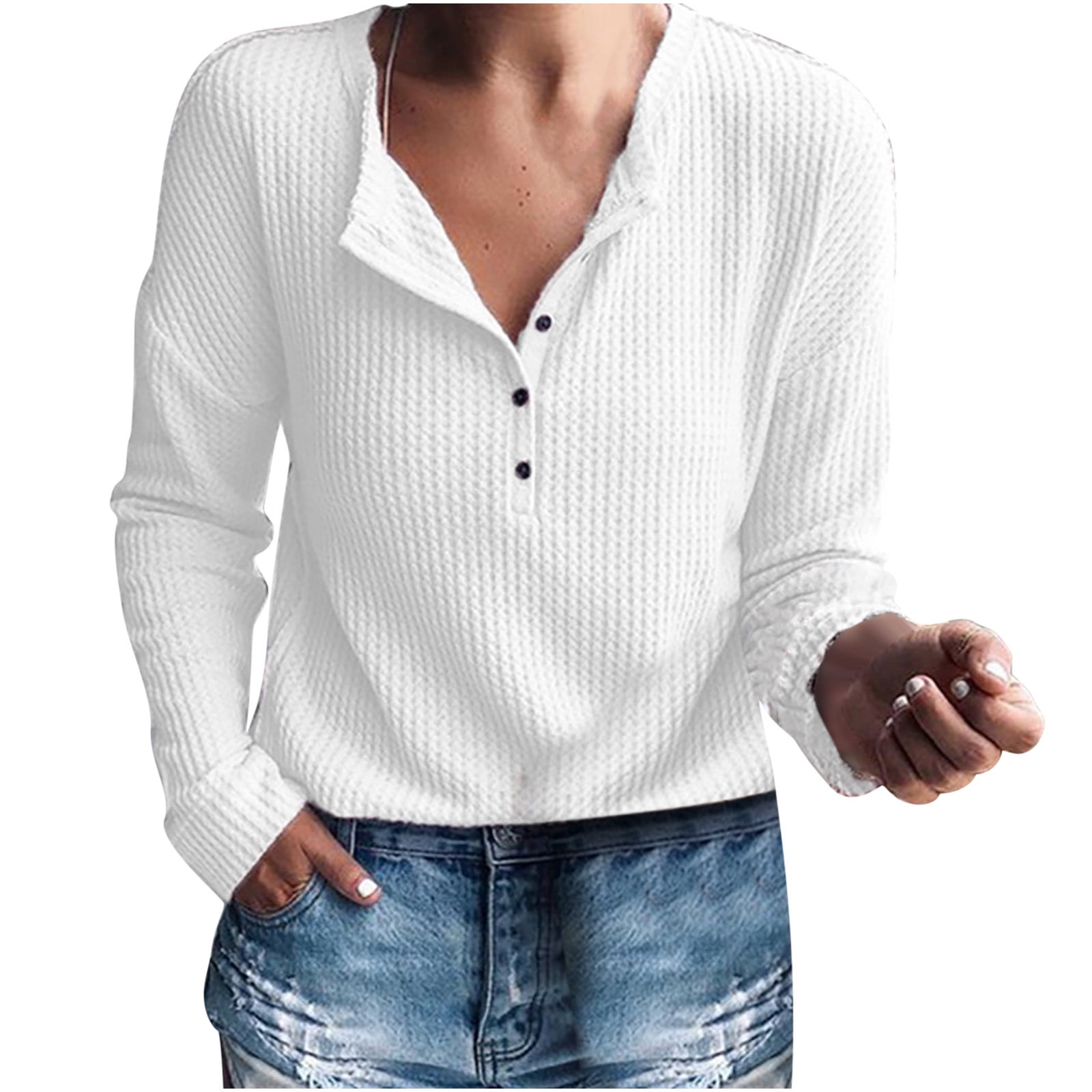 Honeeladyy Sales Women's Long Sleeve Waffle Knit Tunic Blouse Henley ...