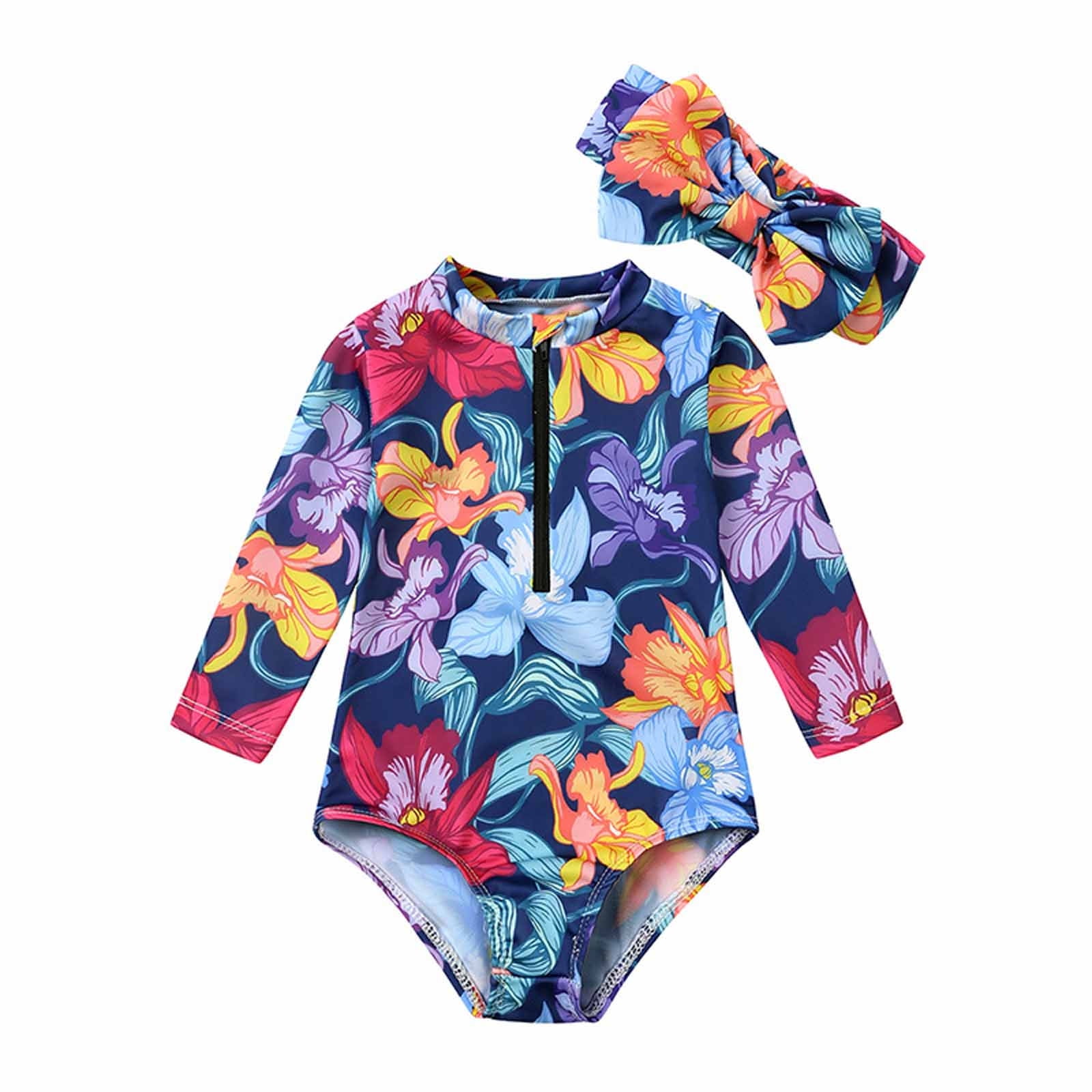 Honeeladyy Toddler Baby Girl Swimsuit One Piece Long Sleeve Floral Print Zipper Rash Guard ...