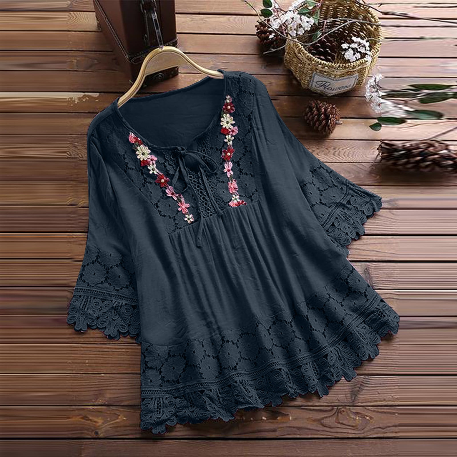 Honeeladyy Women Embroidered Tops Loose Tunic 3/4 Sleeve Summer Blouse ...