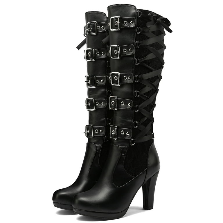 Honeeladyy Women s Lace Up Knee High Riding Combat Boots Comfortable Gothic Motorcycle Boots for Women with Zipper Chunky Heel D