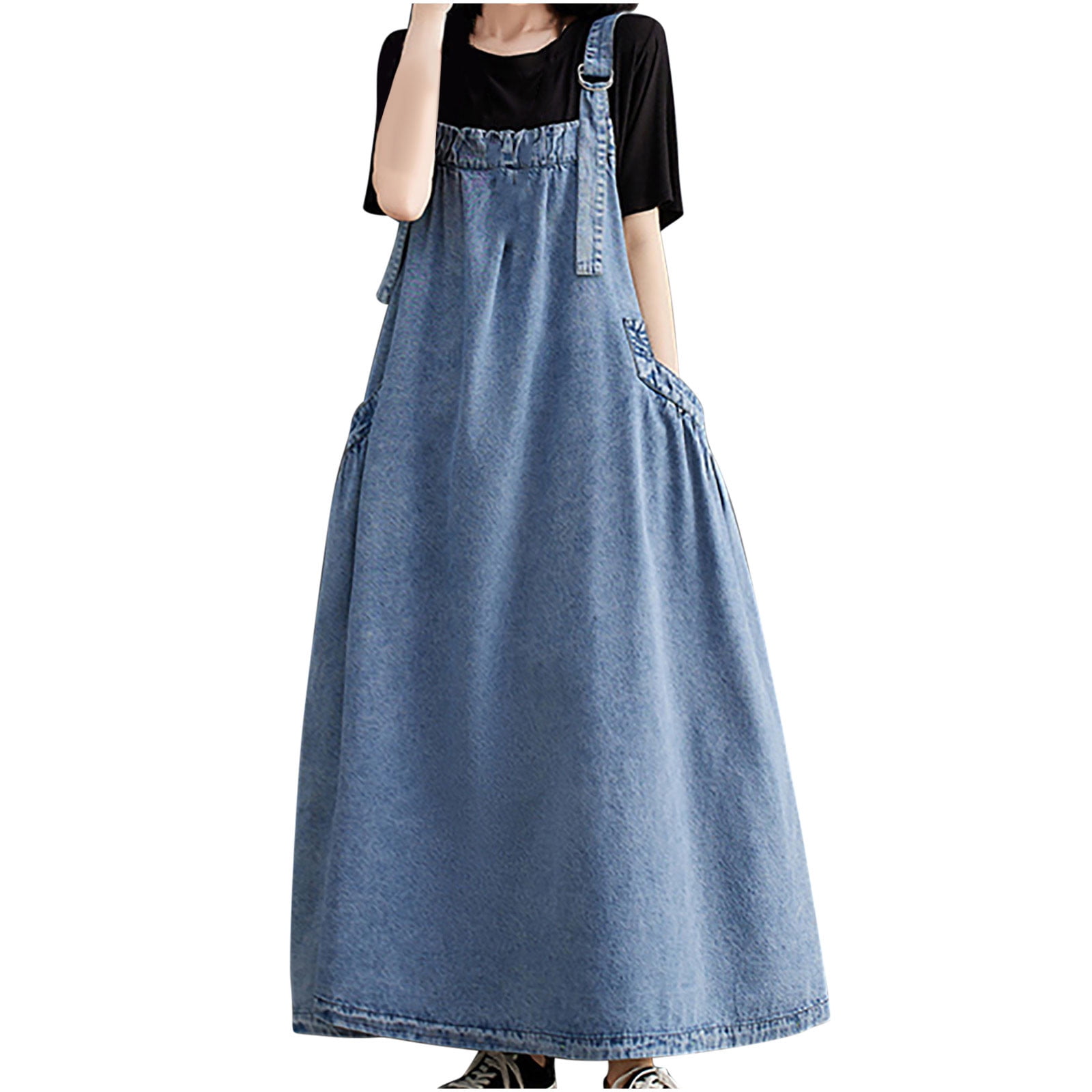 Honeeladyy Womens Denim Jumper Maxi Dress with Pocket Vintage ...