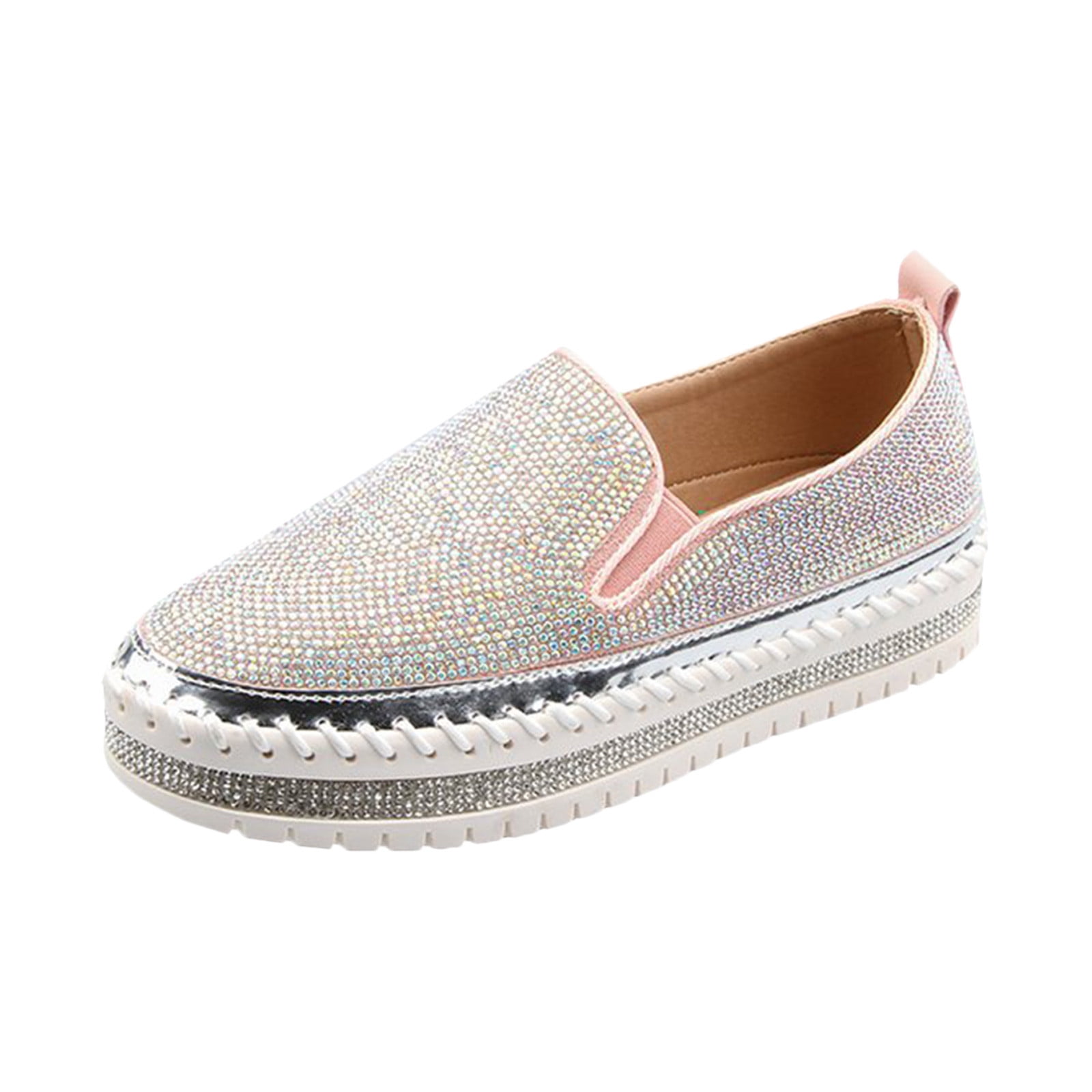 Honeeladyy Women's Casual Slip-On Shoes, Fashion Rhinestone Flat Sole ...