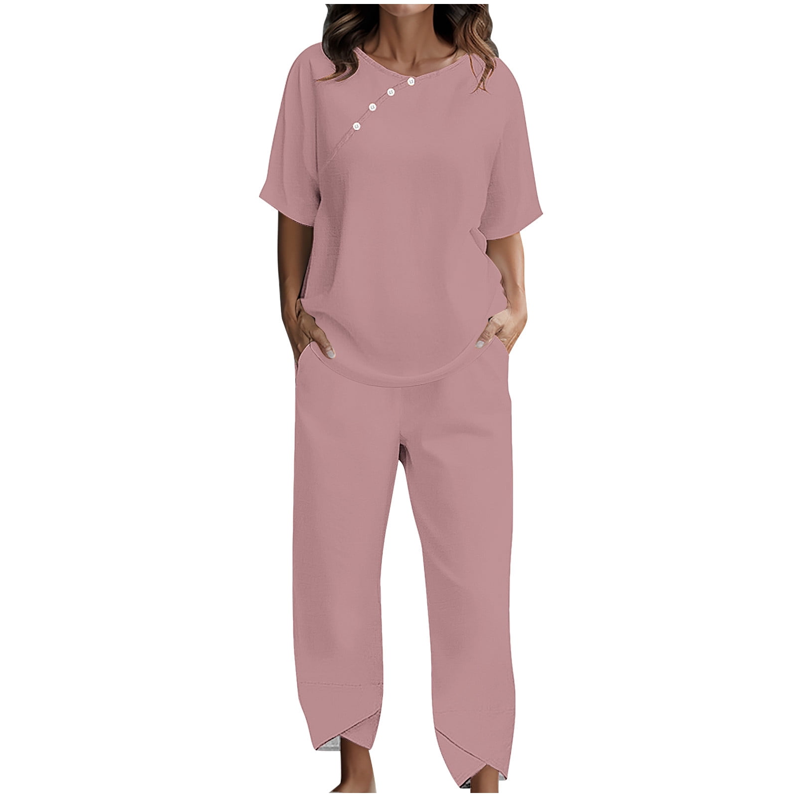 Honeeladyy Womens Summer Two Piece Outfits Cotton Linen Capris Sets ...