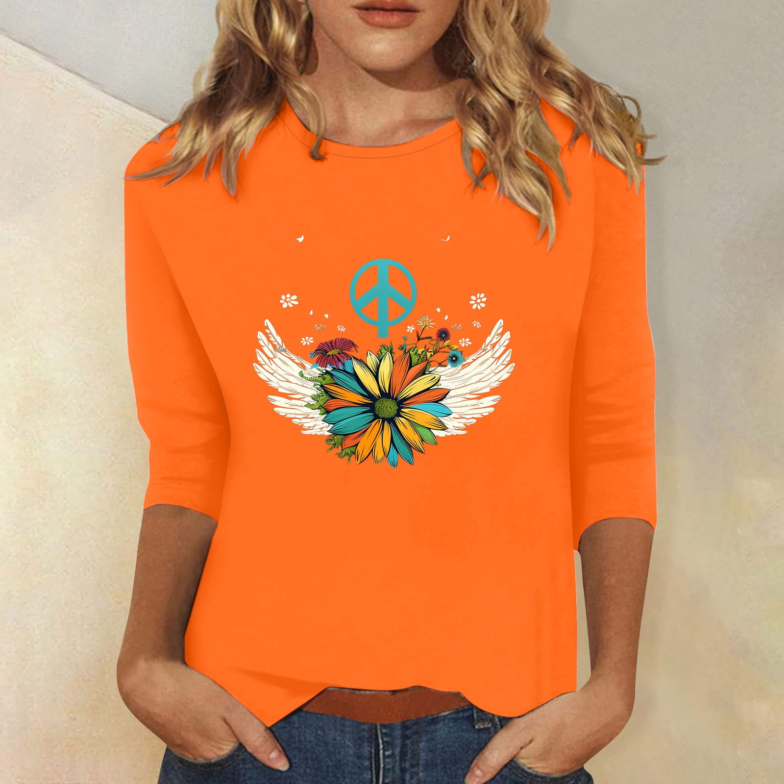 Honeeladyy Womens Tops 3/4 Sleeve Shirts Trendy Sky Print Blouses ...