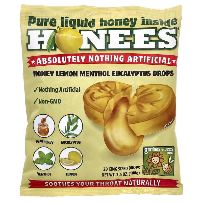 Honees, Honey Lemon Menthol Eucalyptus Cough Drops, 20 King Sized Drops, 3.5 oz (100 g) Pack of ...
