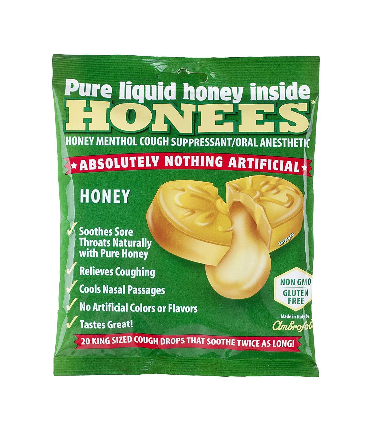Honees Honey Menthol Eucalyptus Throat Lozenges, Non-GMO, Pure Honey Drops for Sore Throat ...