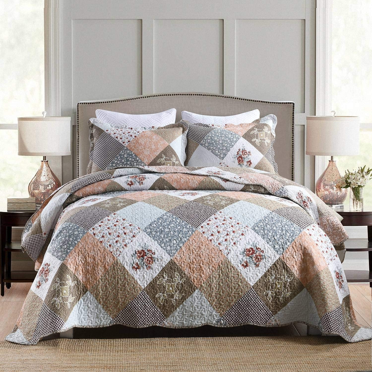 HoneiLife King Size Quilt Set, 100% Microfiber Bedspread, Brown Rose ...
