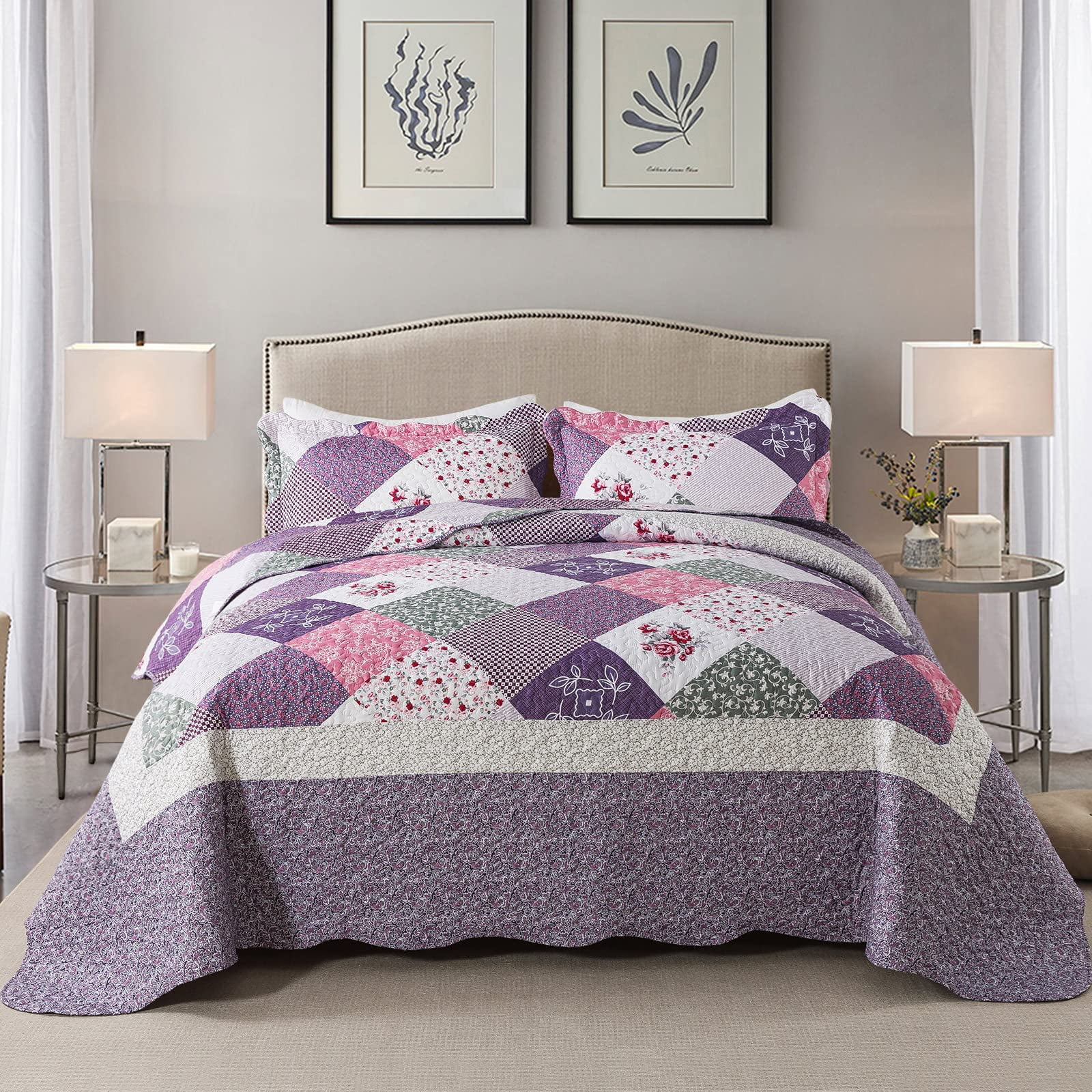 HoneiLife Quilts King Size, 3 Piece Microfiber Reversible Patchwork ...