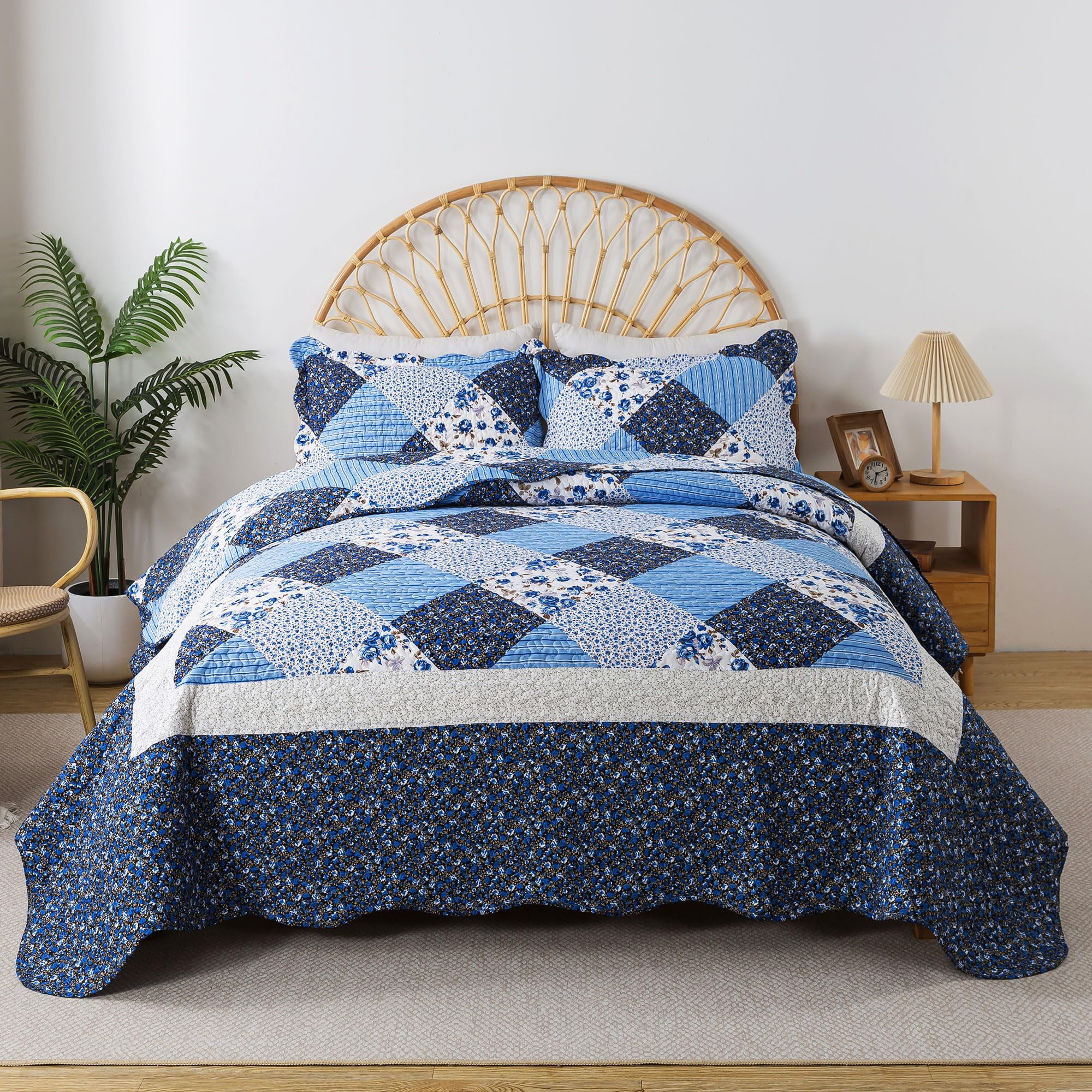 HoneiLife Queen Size Quilt Set - 3 Piece Microfiber, Blue and White ...