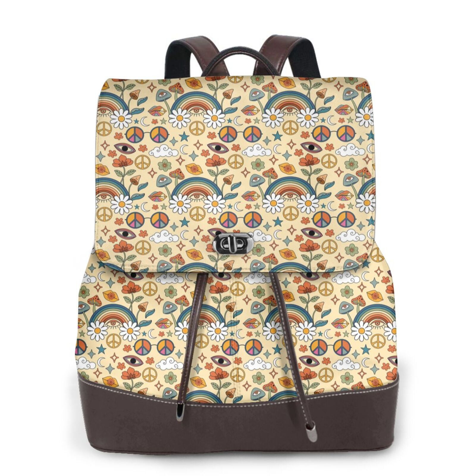 Honeii 70s Hippie Style rint Leather Backpack,Trendy Leather Backpack ...