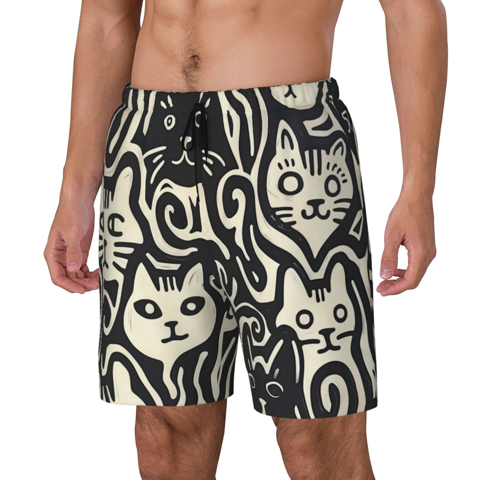 Honeii Abstract Cat Faces Pattern Print Men's Swim Shorts,Mens Swim ...