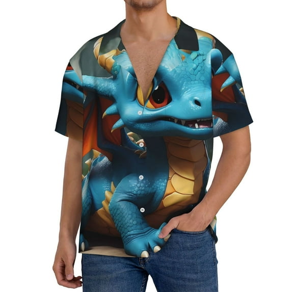 Honeii Adorable Blue Baby Dragon for Men's Short-Sleeved Button-Up ...