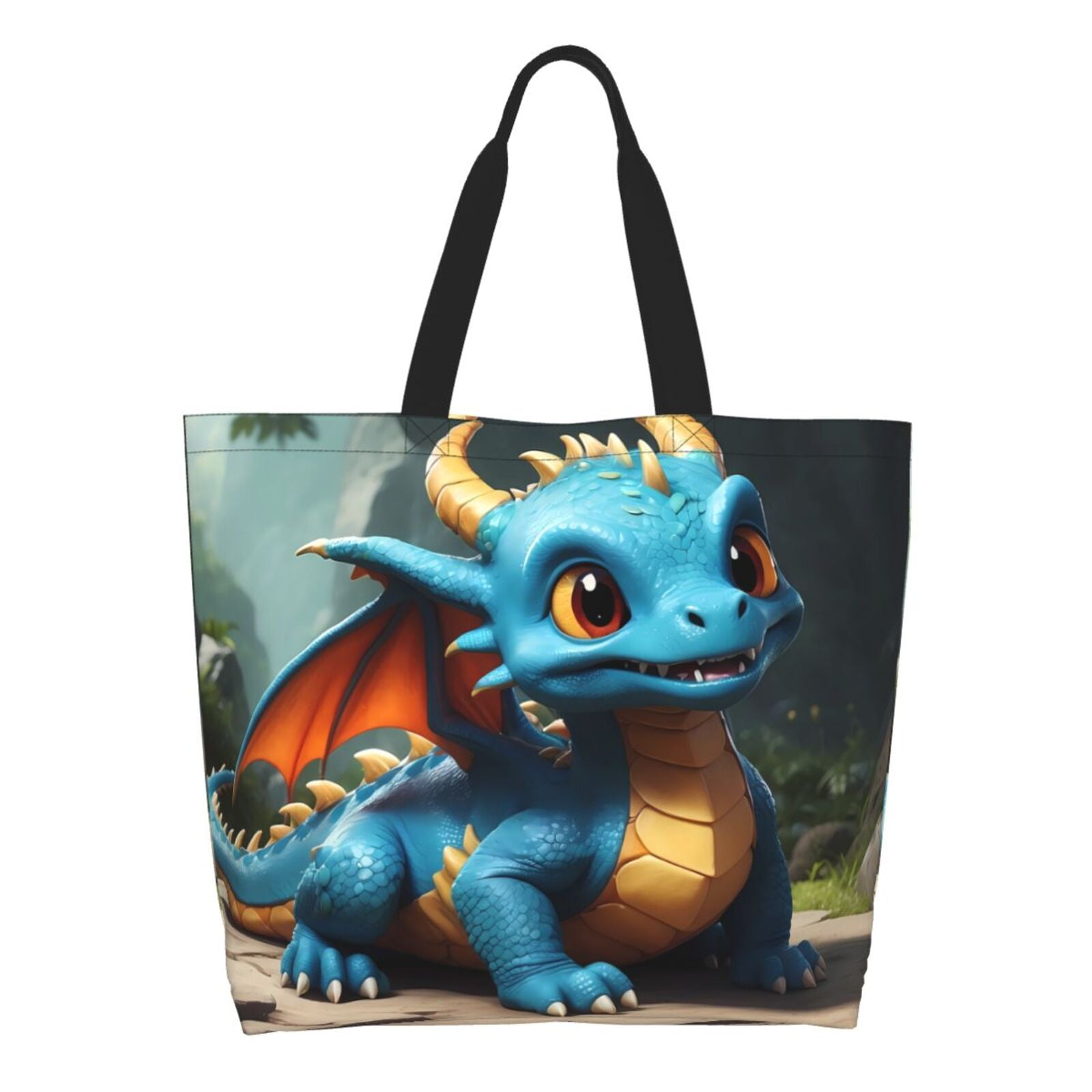 Honeii Adorable Blue Baby Dragon Print Tote Bag for Women, Foldable Tote Bag Large Shoulder Bag ...