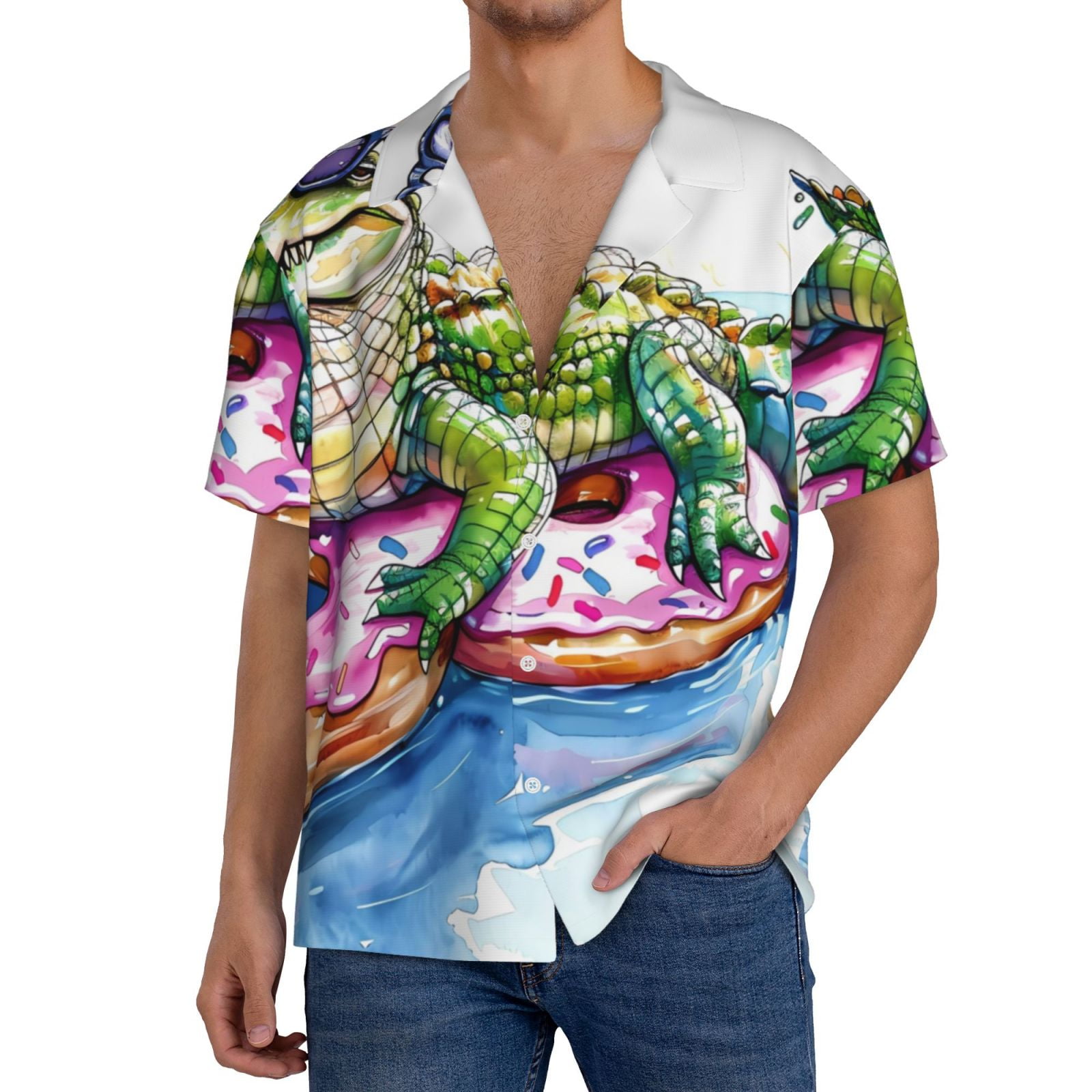 Honeii Alligator Donut Pool Float for Men's Short-Sleeved Button-Up Collared Shirt Featuring A ...