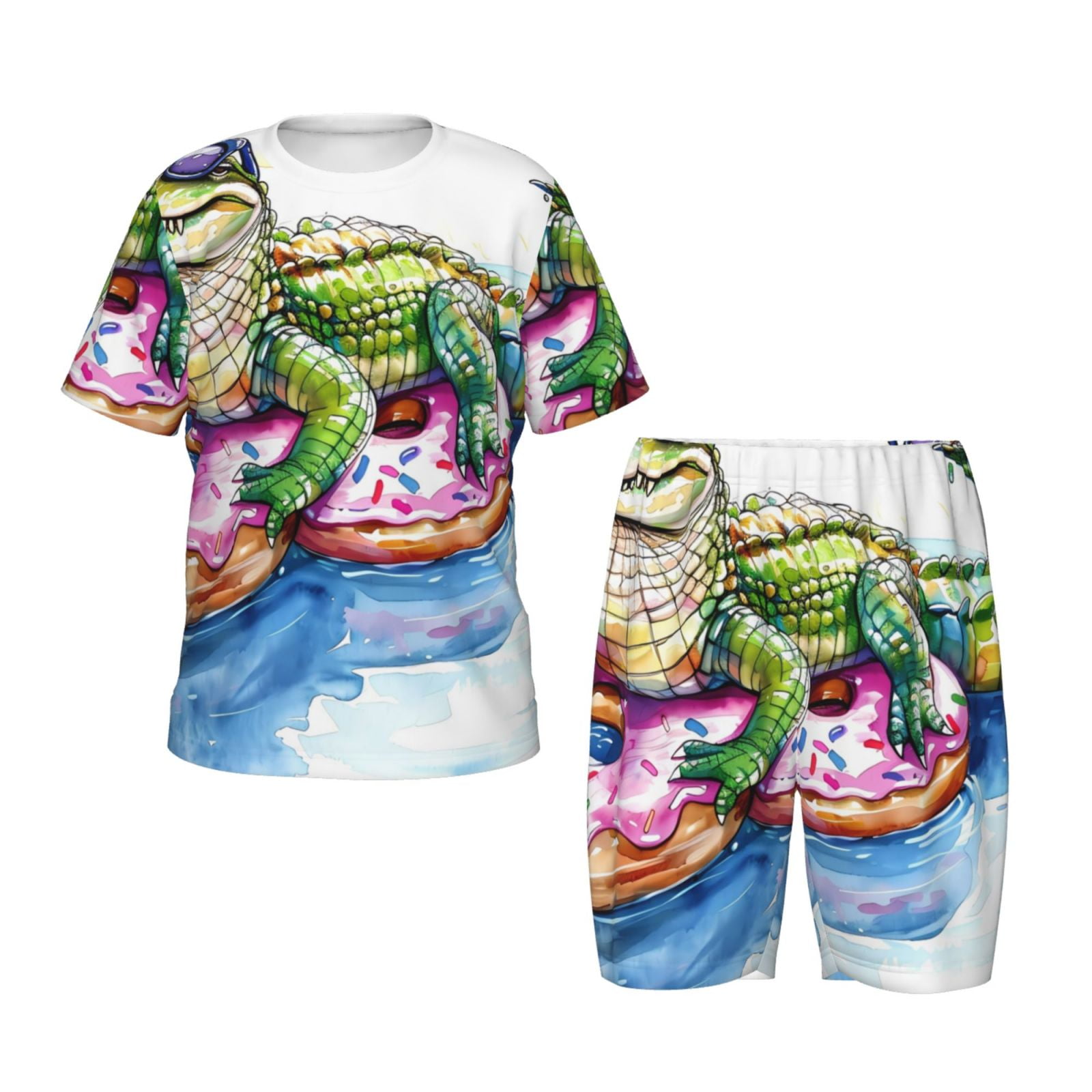 Honeii Alligator Donut Pool Float Print Short-Sleeved Summer Pajama Set ...