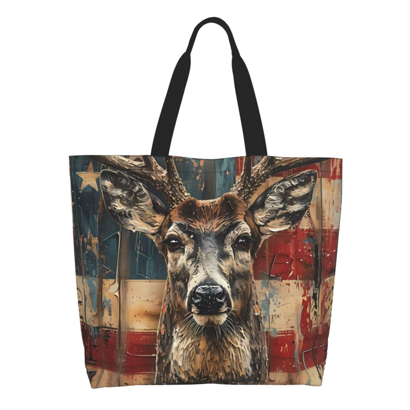Honeii American Flag Deer Art Print Tote Bag for Women, Foldable Tote ...